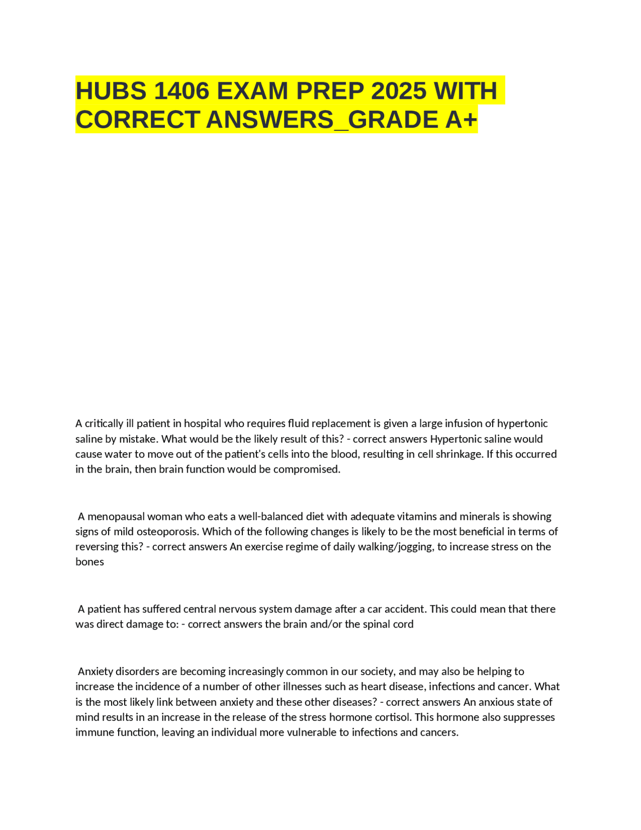 HUBS 1406 EXAM PREP 2025 WITH CORRECT ANSWERS | Exams Nursing | Docsity