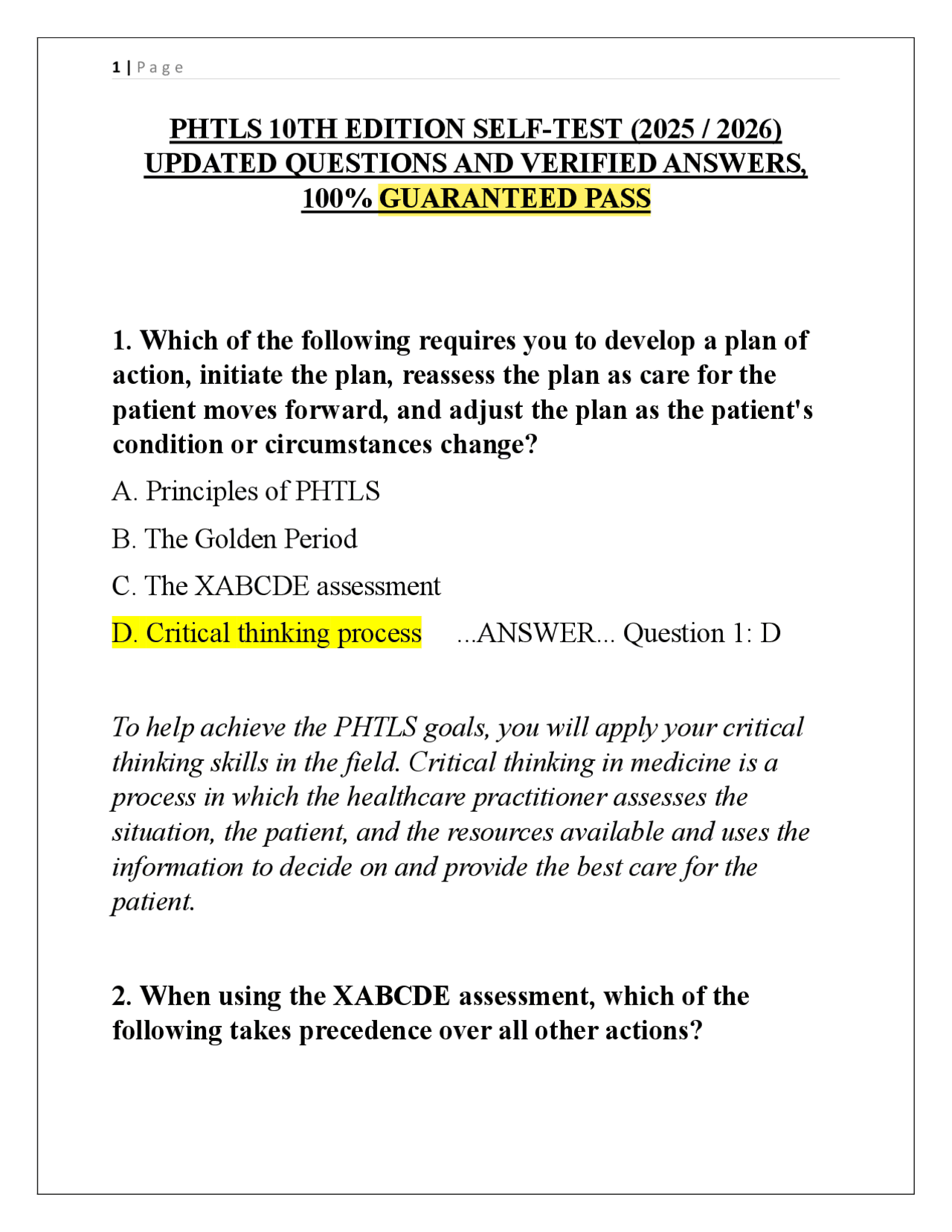 PHTLS 10TH EDITION SELF-TEST(2025-2026) UPDATED QUESTIONS AND VERIFIED ...