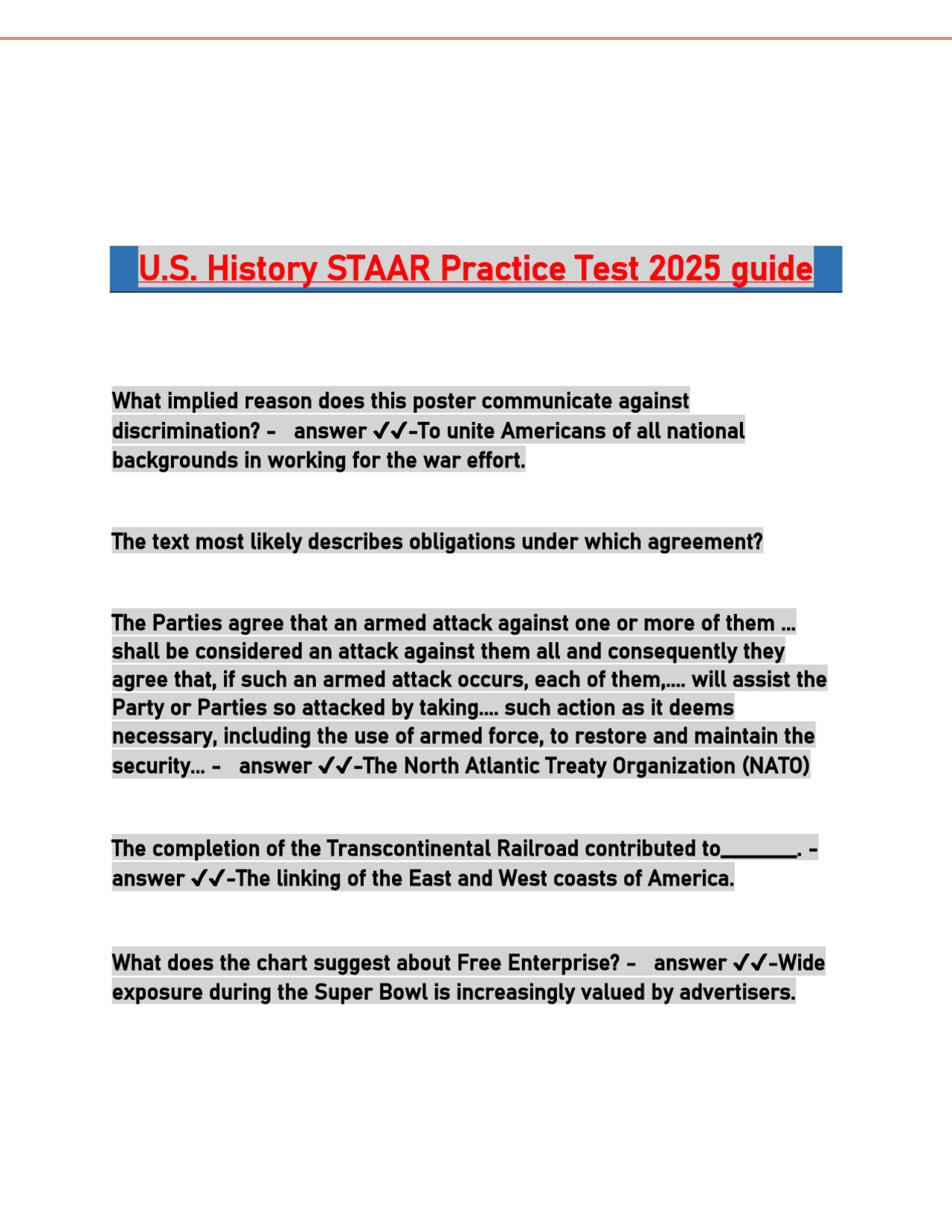 U.S. History STAAR Practice Test 2025 guide.pdf | Exams Nursing | Docsity