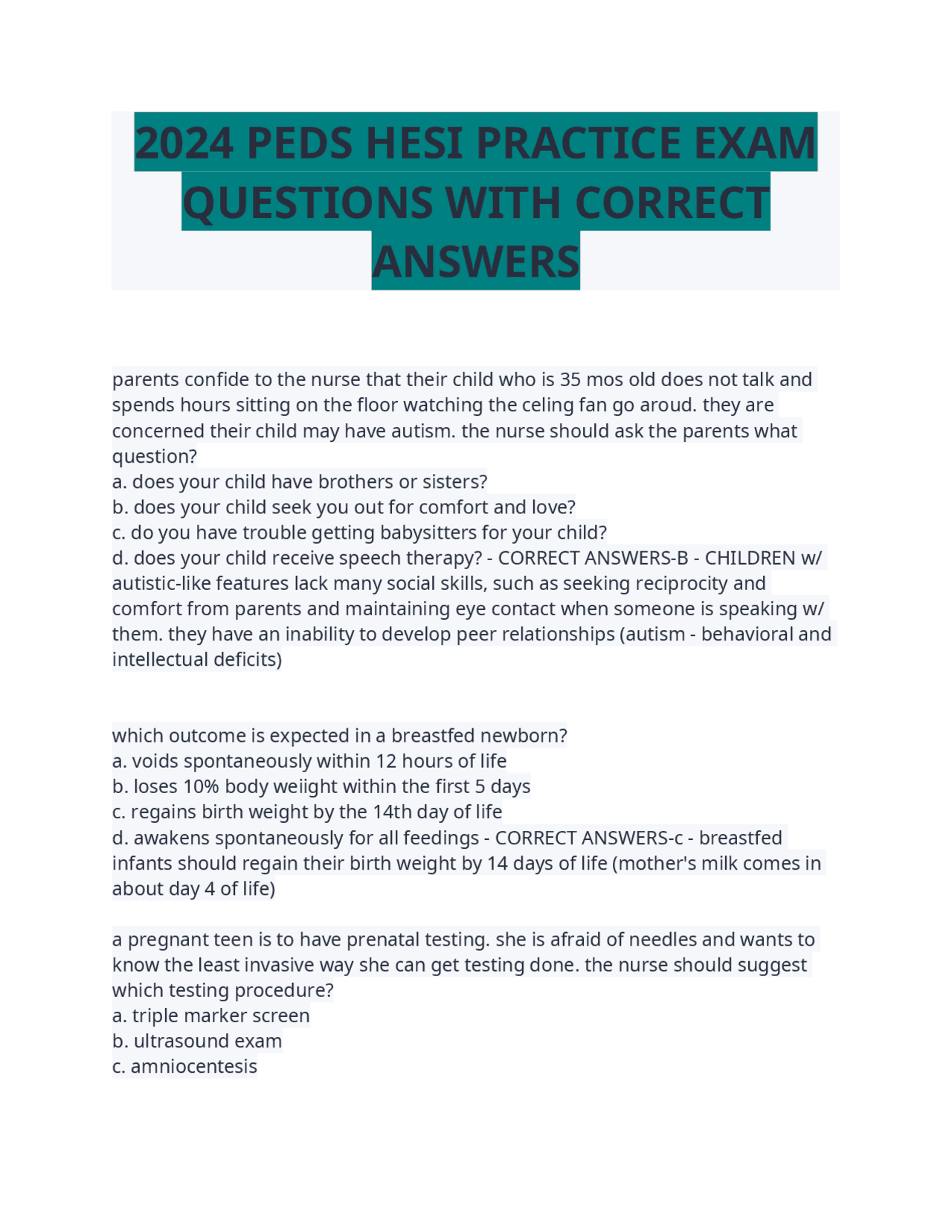 2024 PEDS HESI PRACTICE EXAM QUESTIONS WITH CORRECT ANSWERS | Exams ...