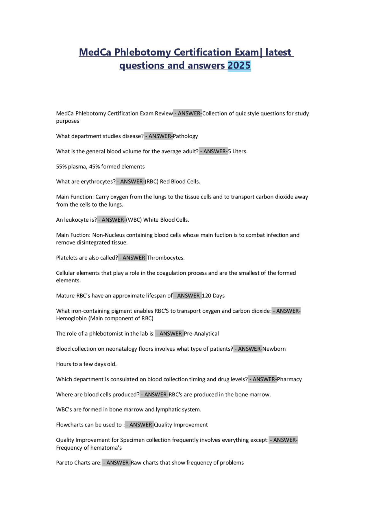 MedCa Phlebotomy Certification Exam: Q&A Review 2025 | Exams Nursing ...