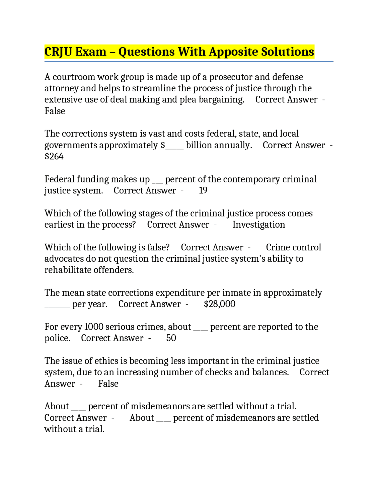 Criminal Justice Exam Questions and Answers | Exams Criminology | Docsity