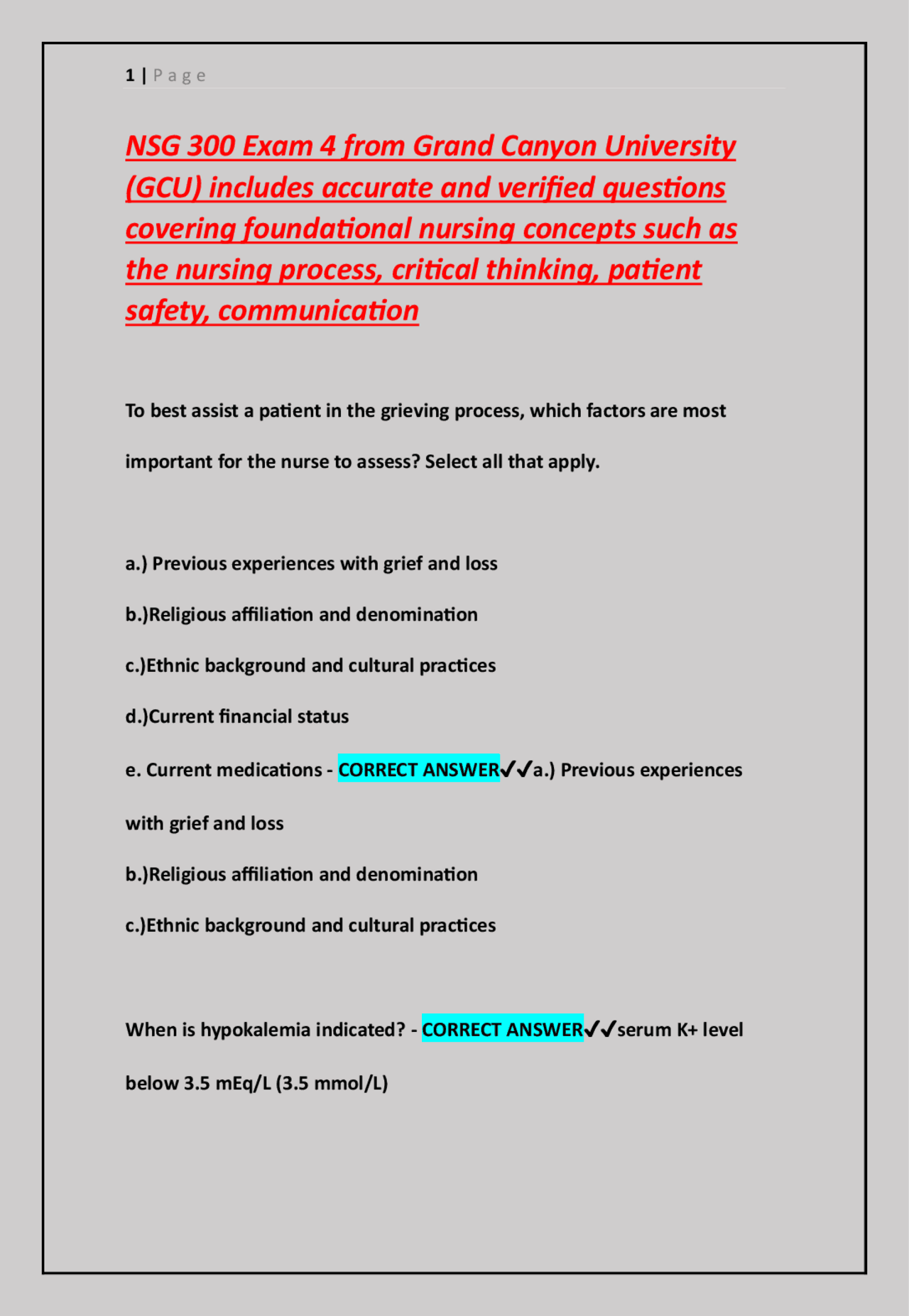 NSG 300 Exam 4 from Grand Canyon University (GCU) includes accurate and ...