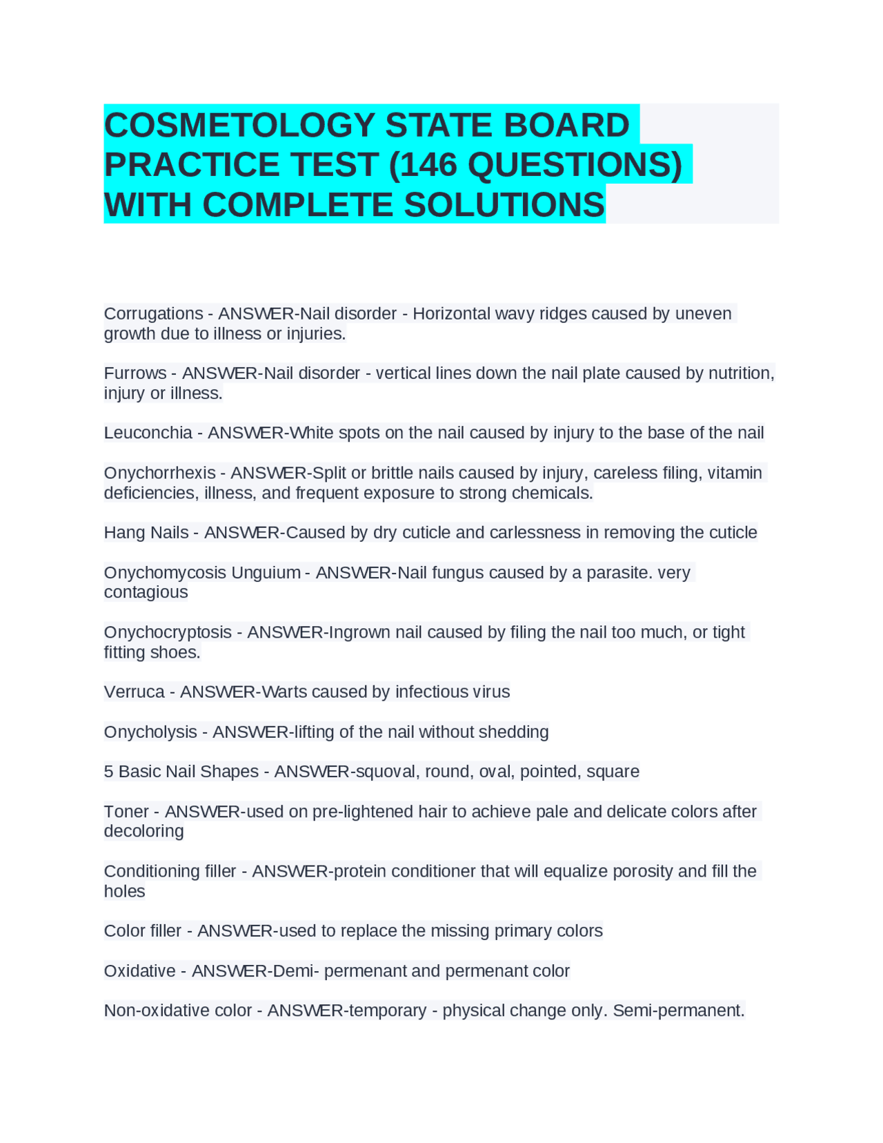 COSMETOLOGY STATE BOARD PRACTICE TEST (146 QUESTIONS) WITH COMPLETE ...