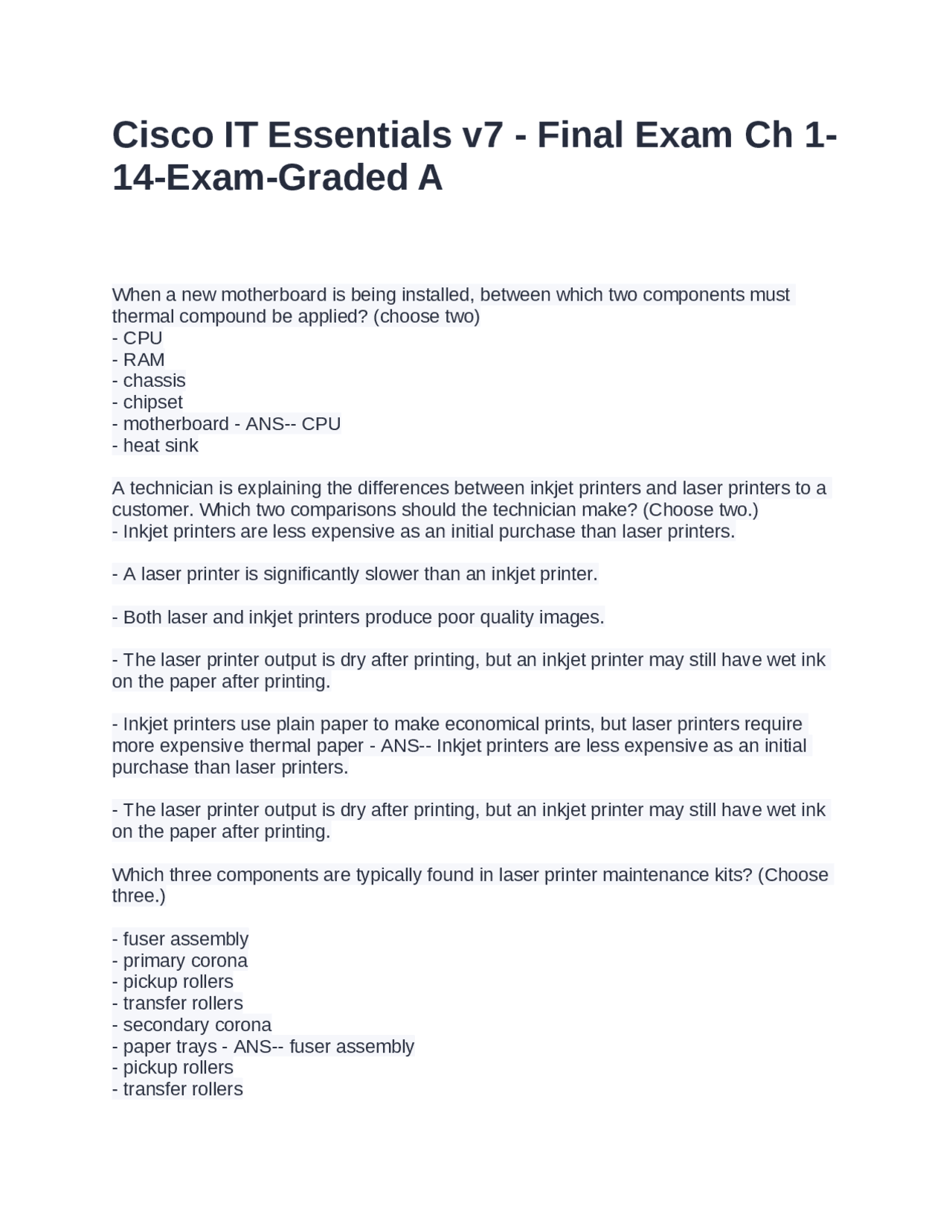 Cisco IT Essentials v7 Final Exam: Hardware and Troubleshooting Q&A ...