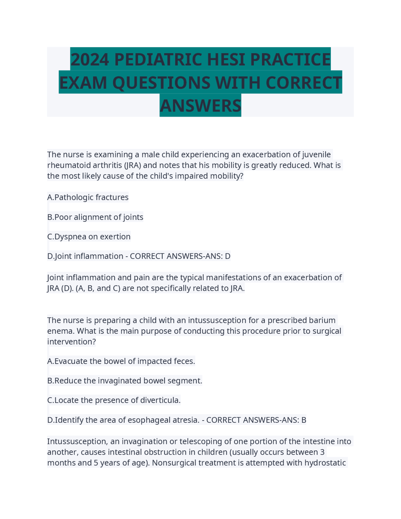 2024 PEDIATRIC HESI PRACTICE EXAM QUESTIONS WITH CORRECT ANSWERS ...