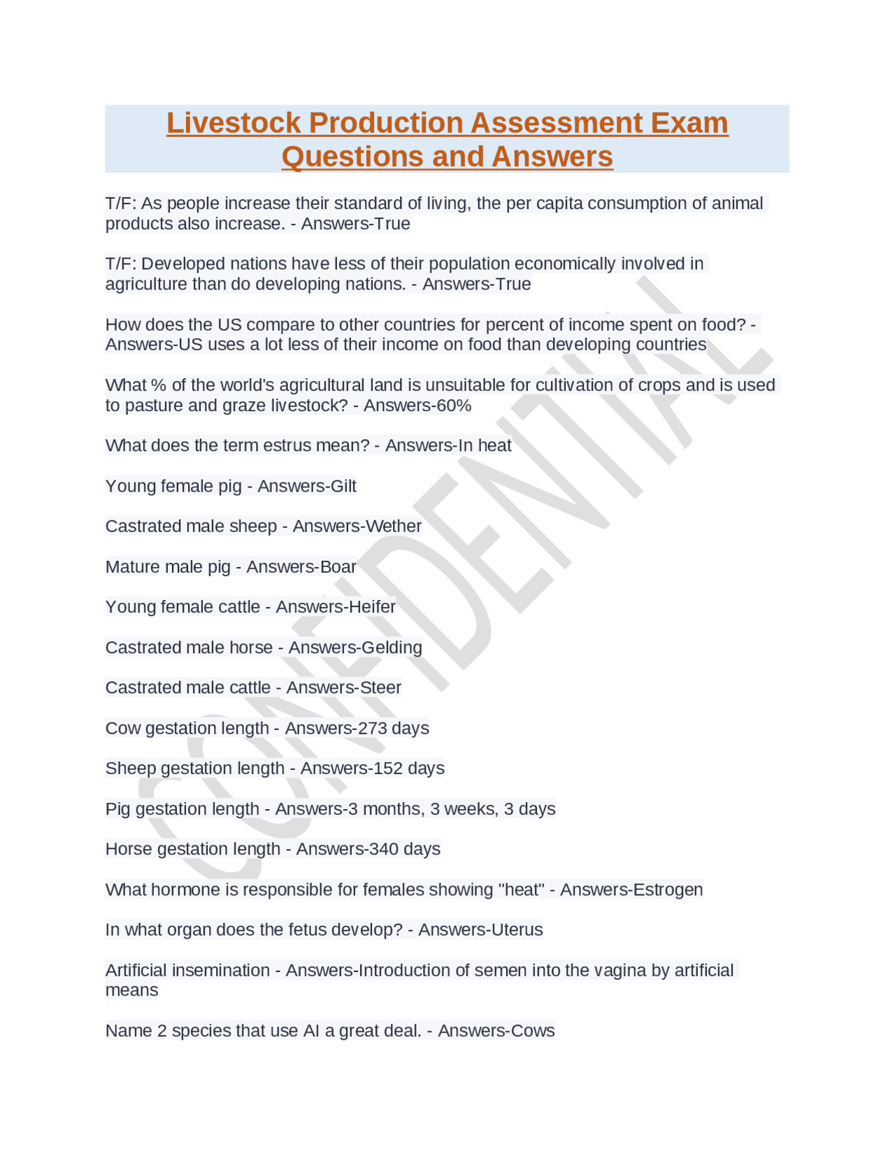 Livestock Production Assessment Exam Questions and Answers | Exams ...