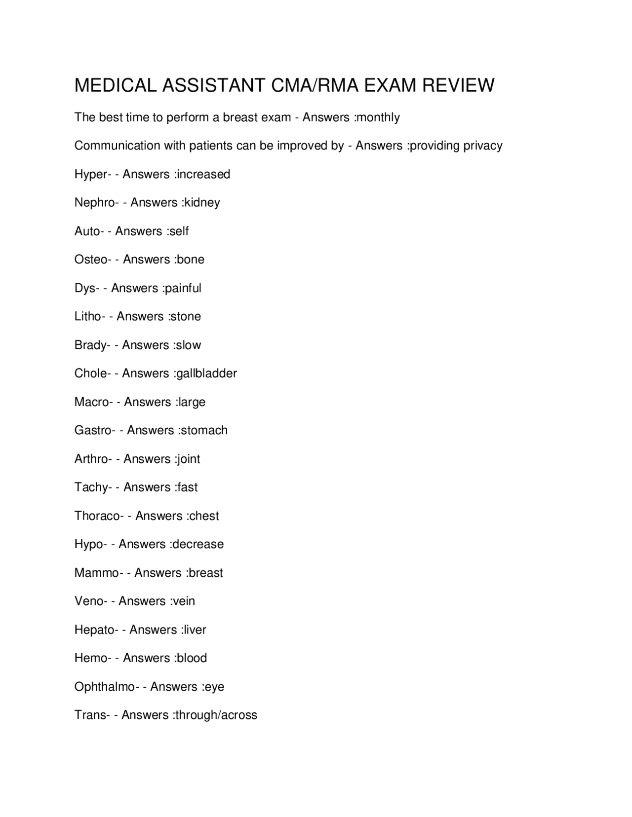 MEDICAL ASSISTANT CMA RMA EXAM REVIEW | Exams Nursing | Docsity