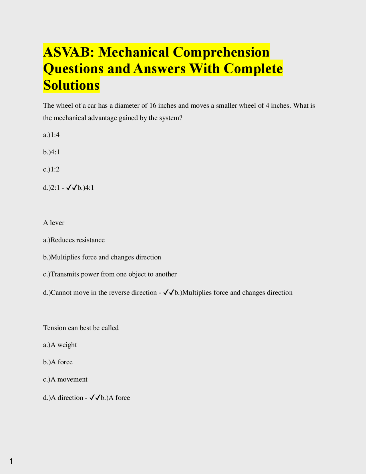 ASVAB: Mechanical Comprehension Questions and Answers With Complete ...