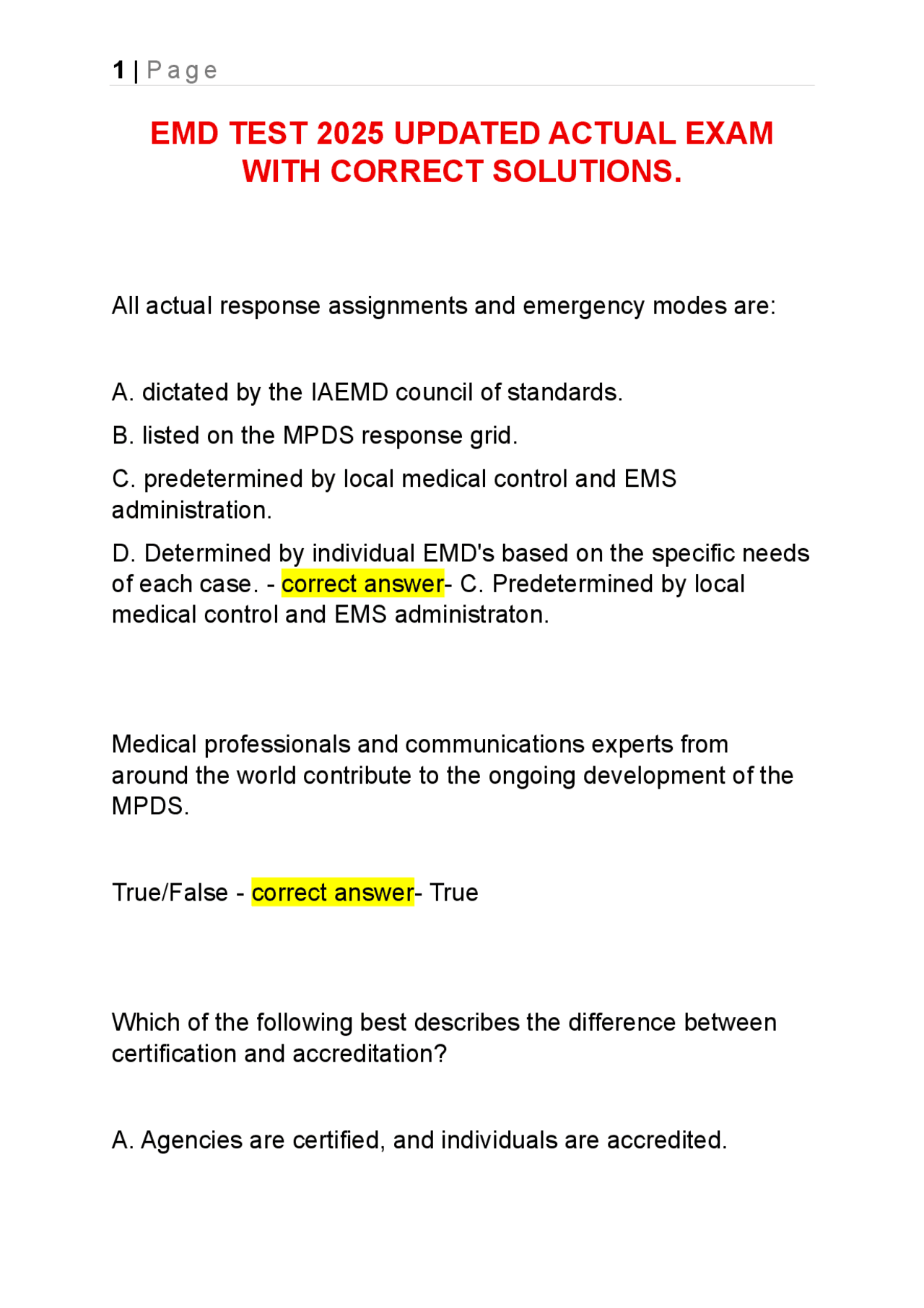EMD TEST 2025 UPDATED ACTUAL EXAM WITH CORRECT SOLUTIONS. | Exams ...