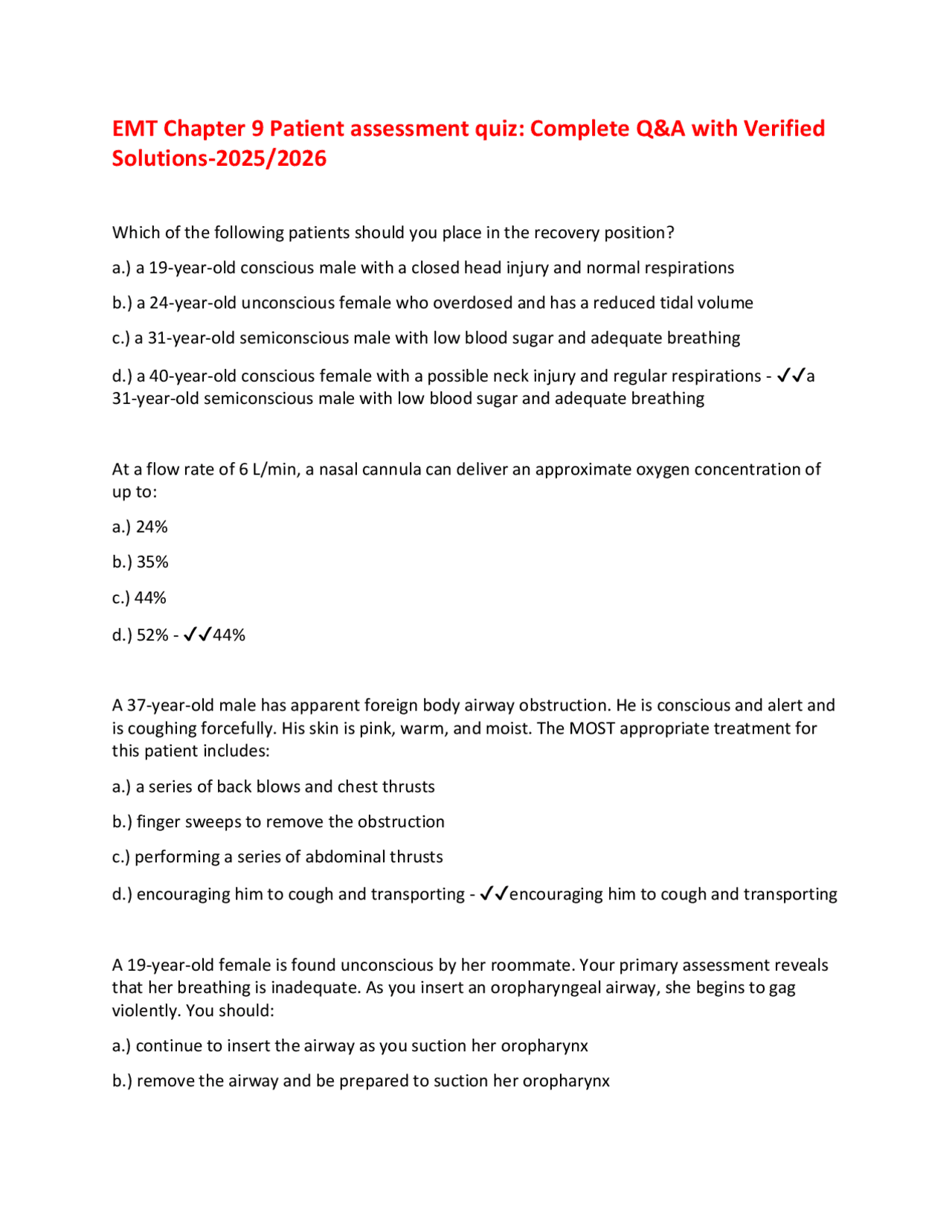 EMT Chapter 9 Patient assessment quiz: Complete Q&A with Verified ...