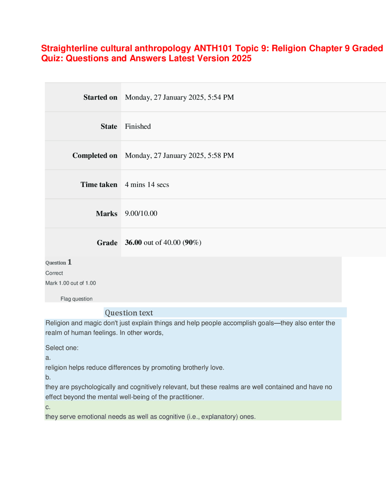 Straighterline cultural anthropology ANTH101 Topic 9: Religion Chapter ...