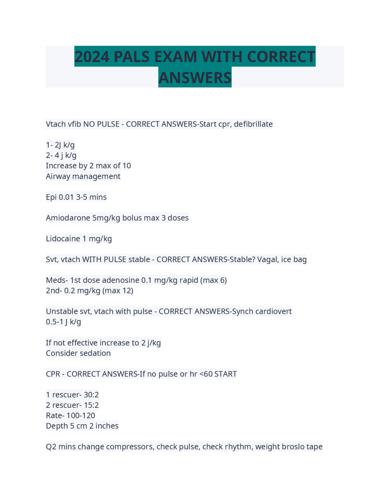 2024 PALS EXAM WITH CORRECT ANSWERS | Exams Nursing | Docsity