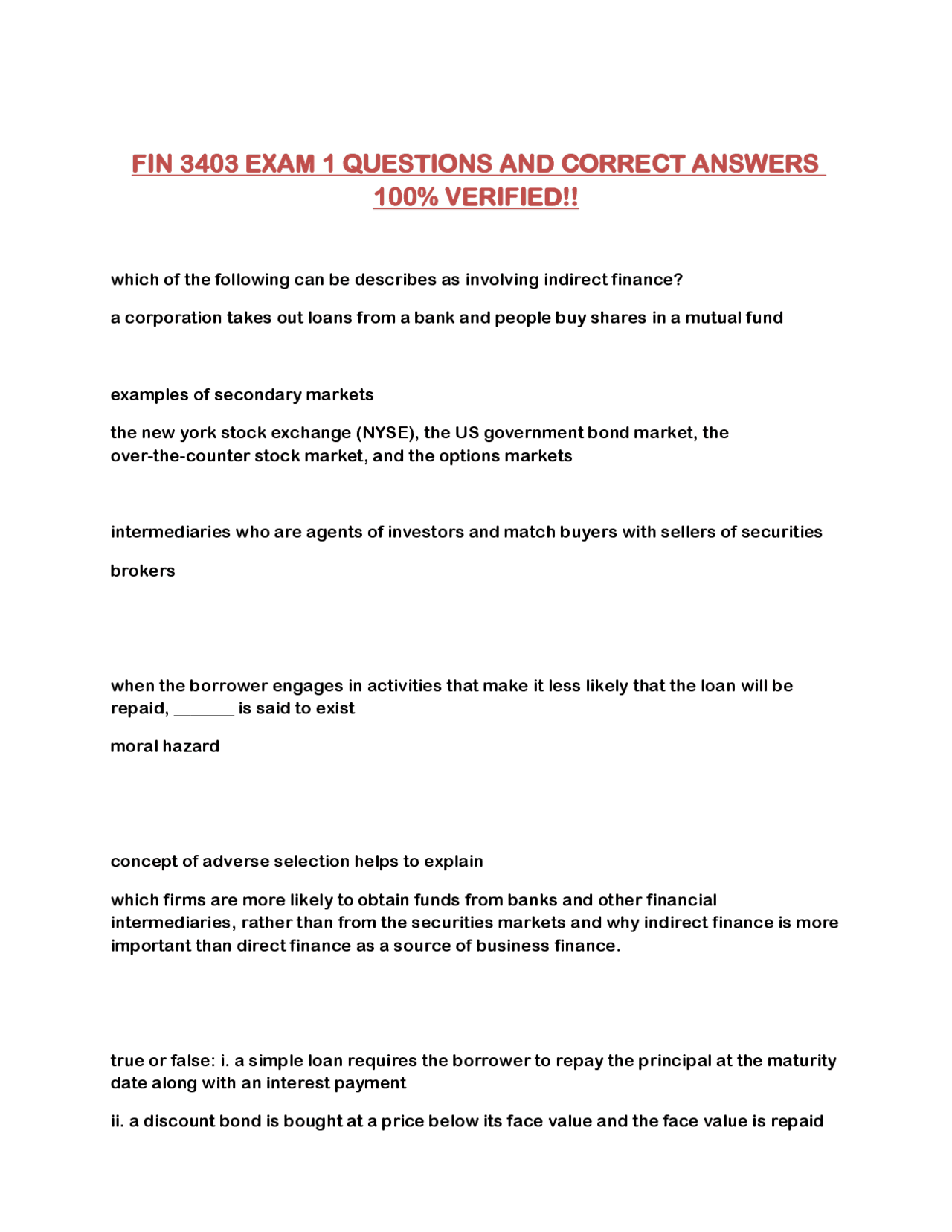 FIN 3403 EXAM 1 QUESTIONS AND CORRECT ANSWERS 100% VERIFIED!! | Exams ...