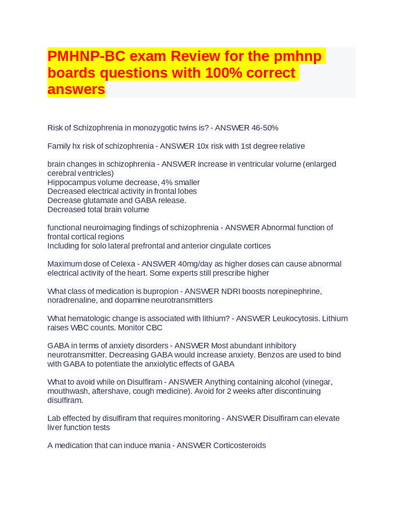PMHNP-BC exam Review for the pmhnp boards questions with 100% correct ...