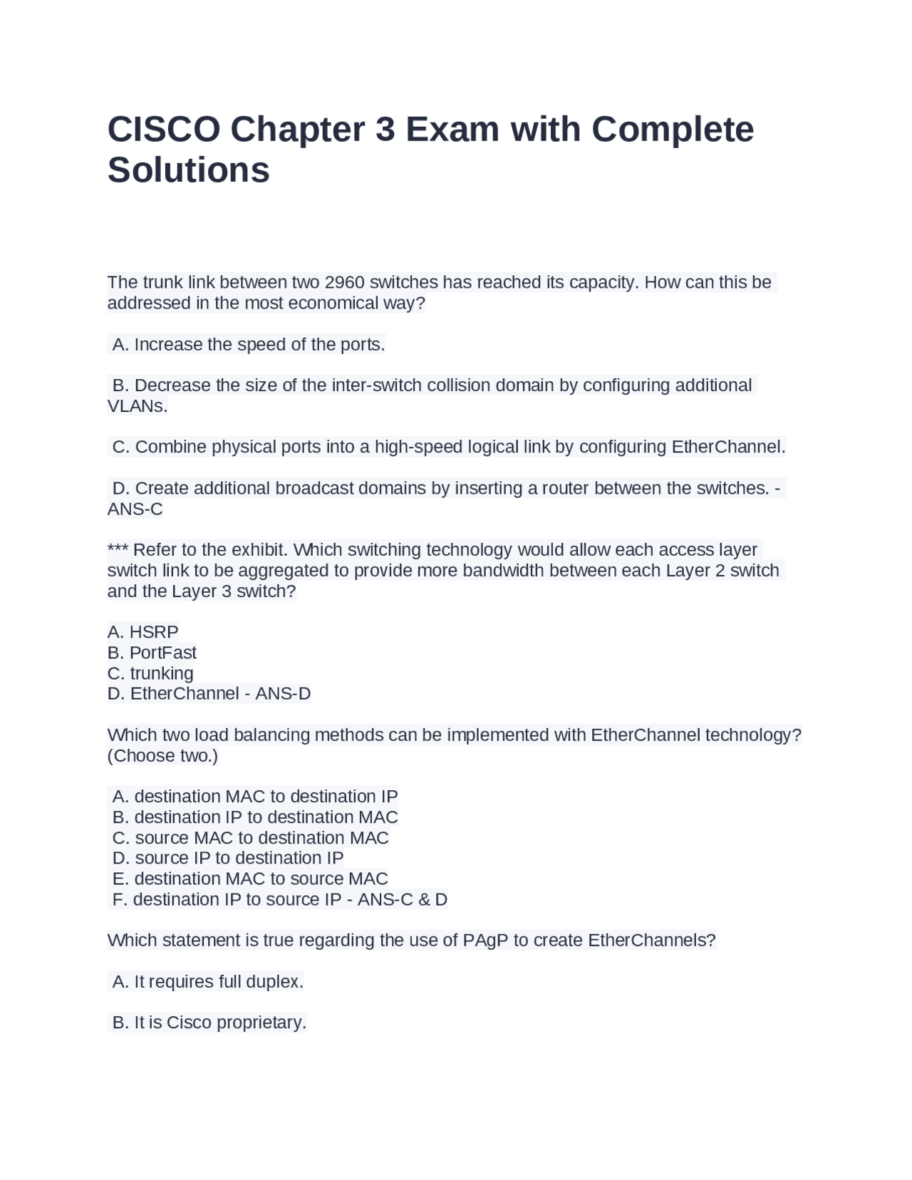 CISCO Chapter 3 Exam with Complete Solutions | Exams Advanced Education | Docsity