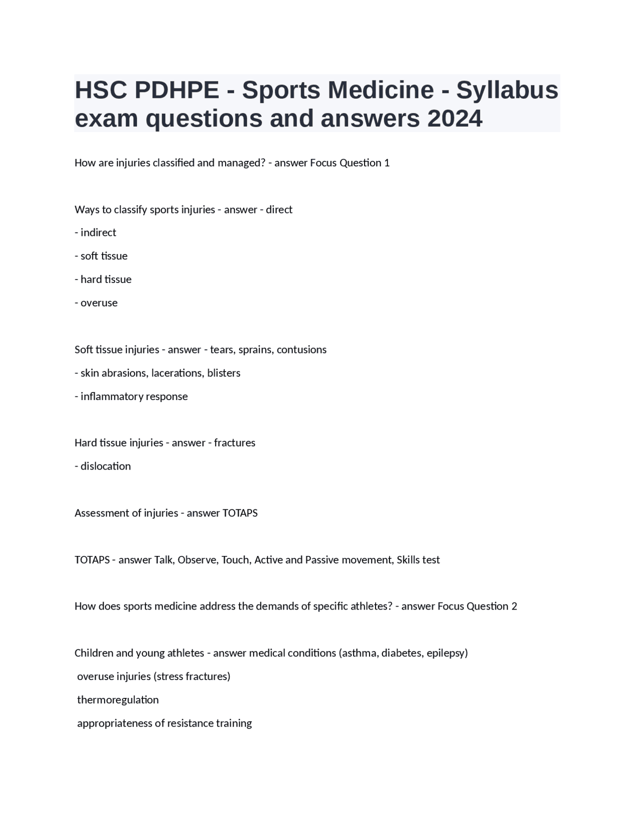 HSC PDHPE - Sports Medicine - Syllabus exam questions and answers 2024.docx | Exams Biology ...