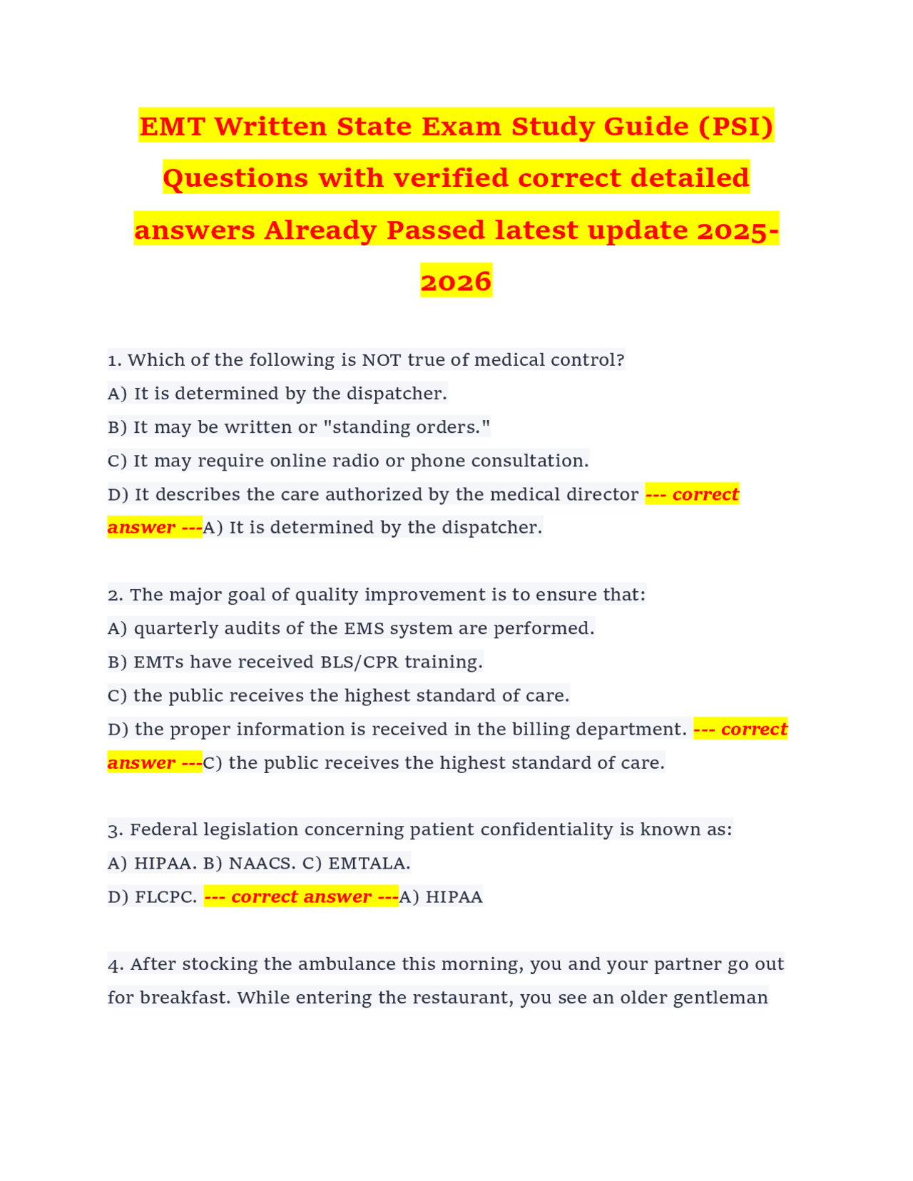 EMT Written State Exam Study Guide (PSI) Questions with verified ...