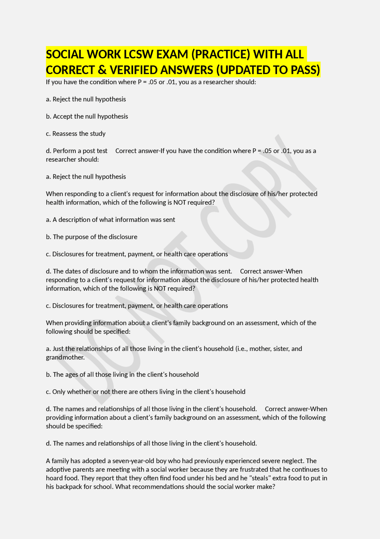 SOCIAL WORK LCSW EXAM (PRACTICE) WITH ALL CORRECT & VERIFIED ANSWERS ...