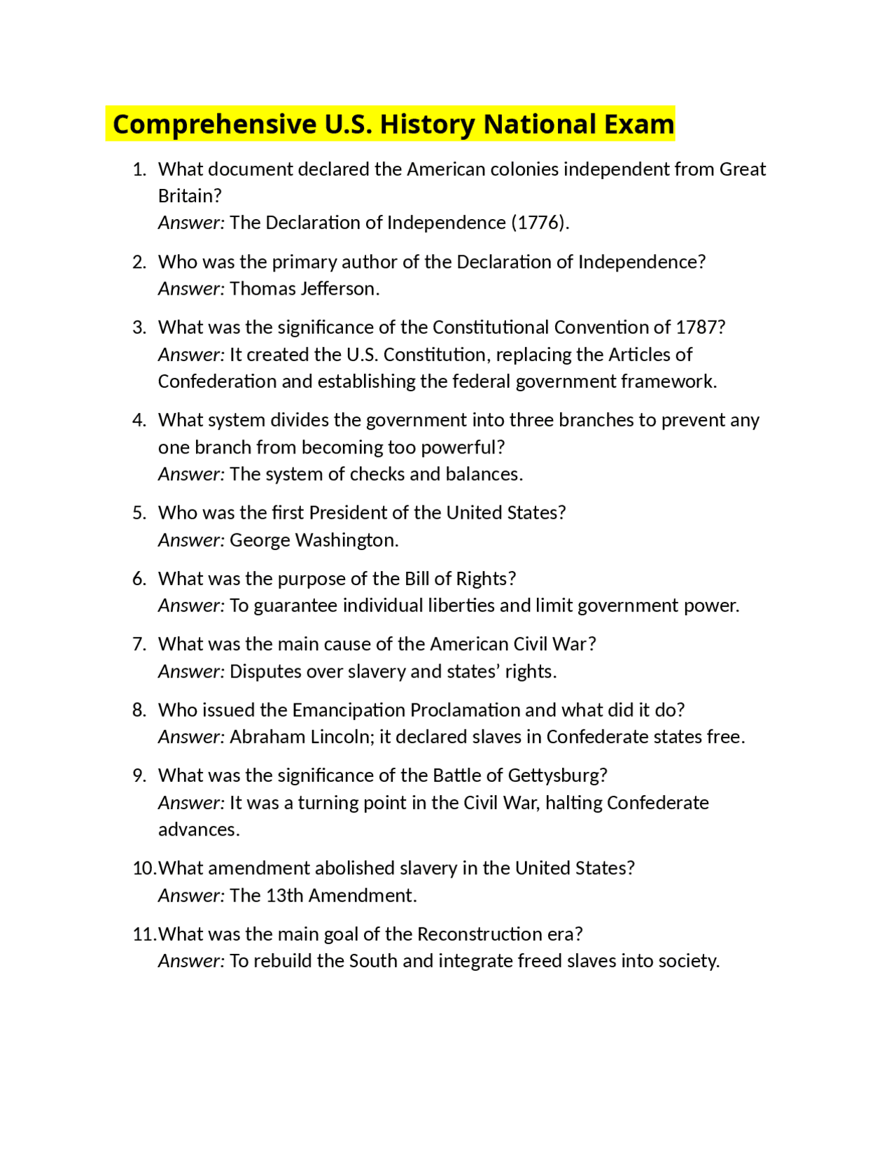 Comprehensive U.S. History National Exam | Exams History | Docsity