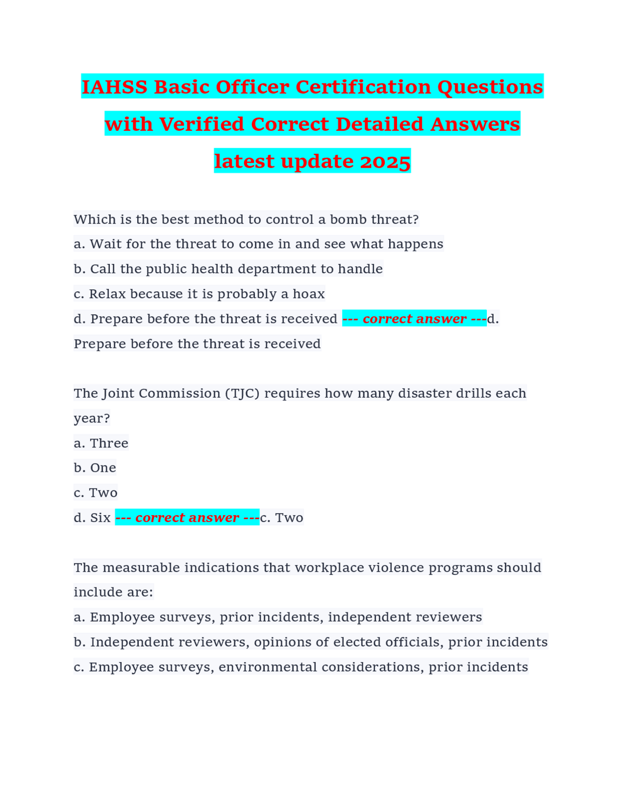 IAHSS Basic Officer Certification Questions with Verified Correct ...