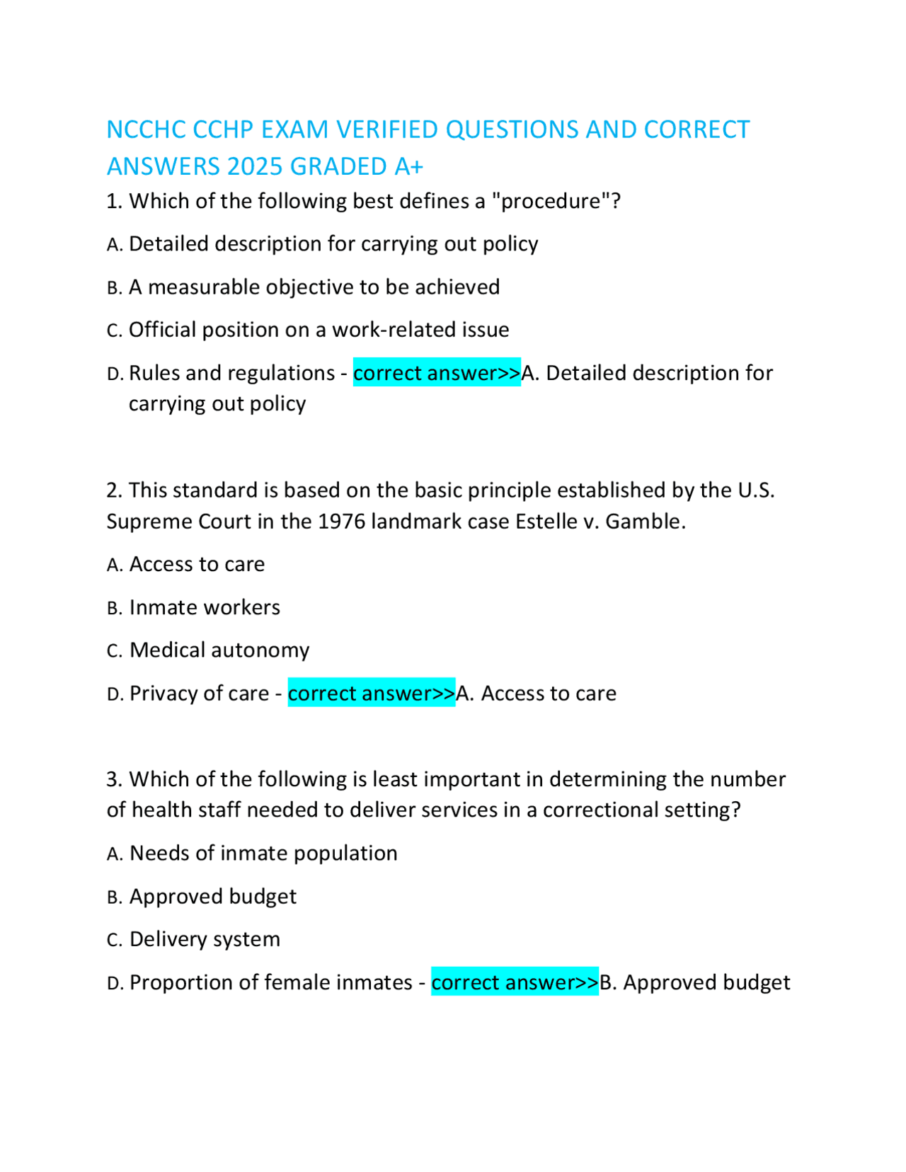 NCCHC CCHP EXAM VERIFIED QUESTIONS AND CORRECT ANSWERS 2025 GRADED A+ ...