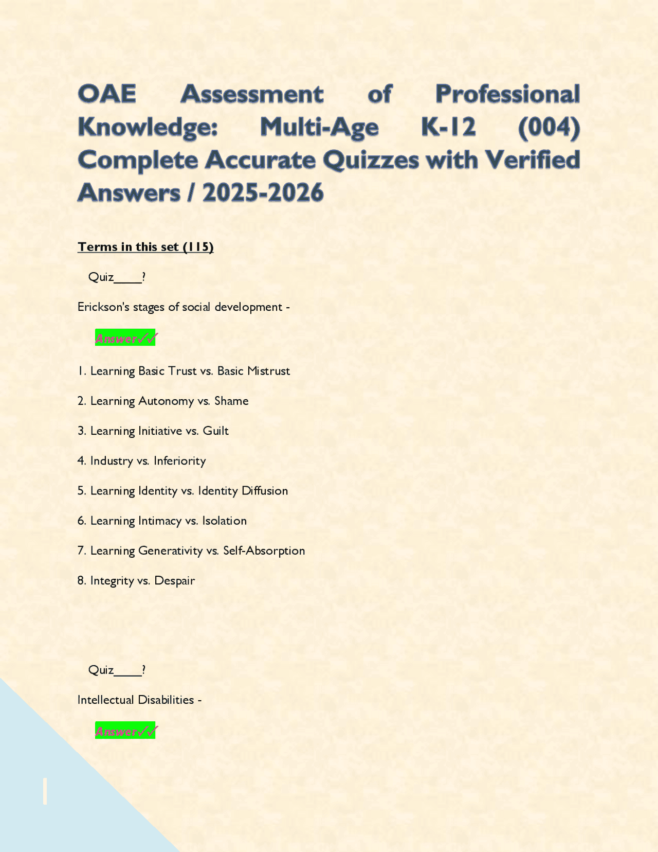 OAE Assessment of Professional Knowledge: Multi-Age K-12 (004) Complete ...