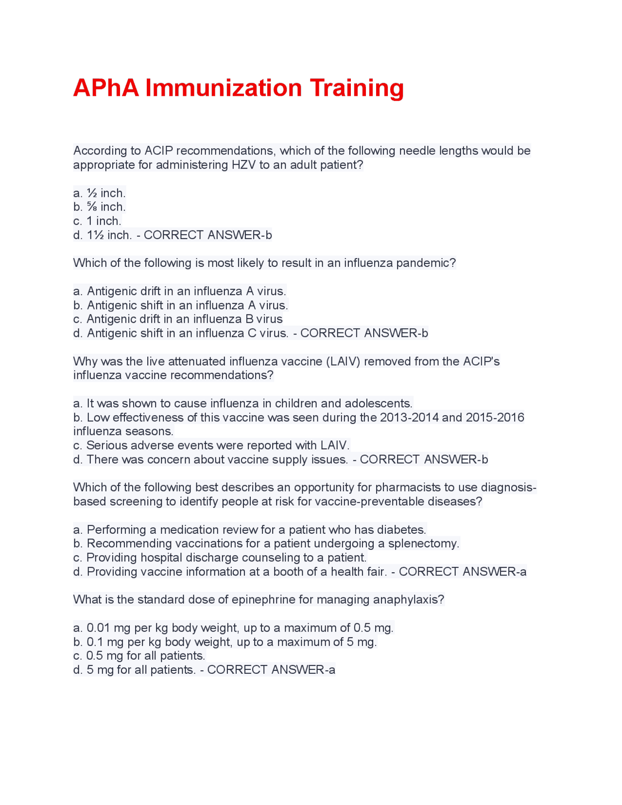 APhA Immunization Training Questions And Answers With Verified Study ...