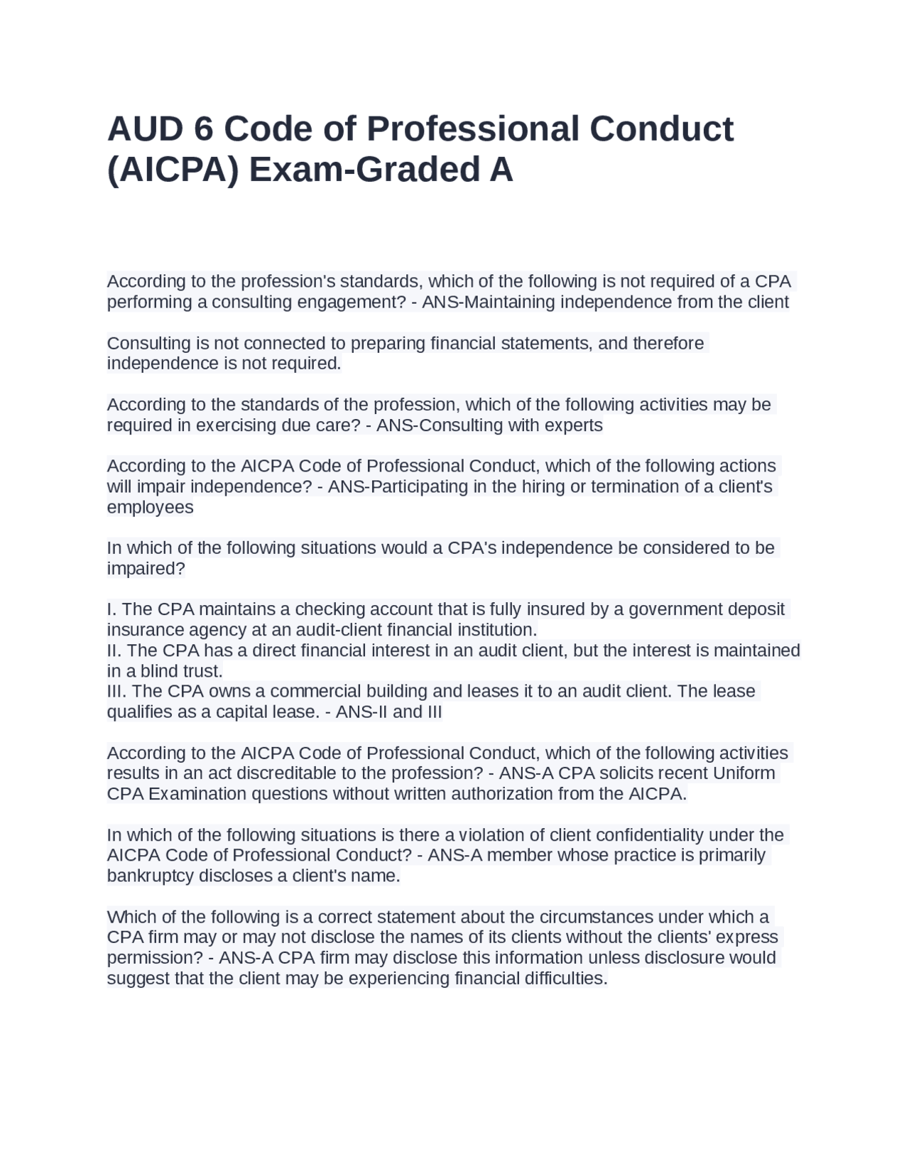 AICPA Code of Professional Conduct: Exam Questions and Answers | Exams Advanced Education | Docsity