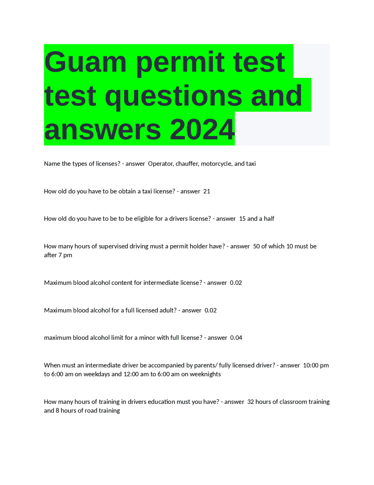 Guam permit test test questions and answers 2024. | Exams Biology | Docsity