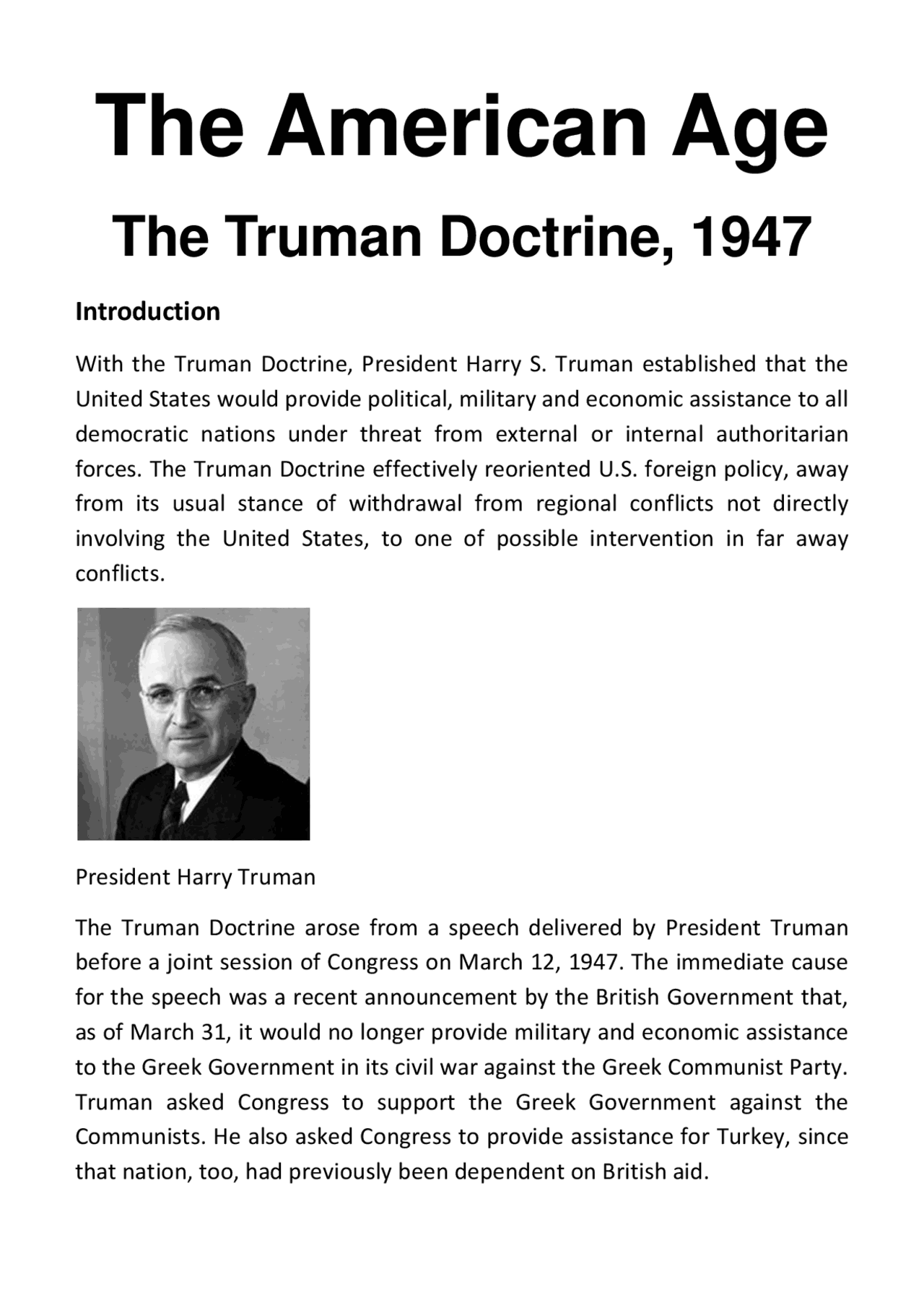 The Truman Doctrine, 1947 | Essays (high school) History | Docsity
