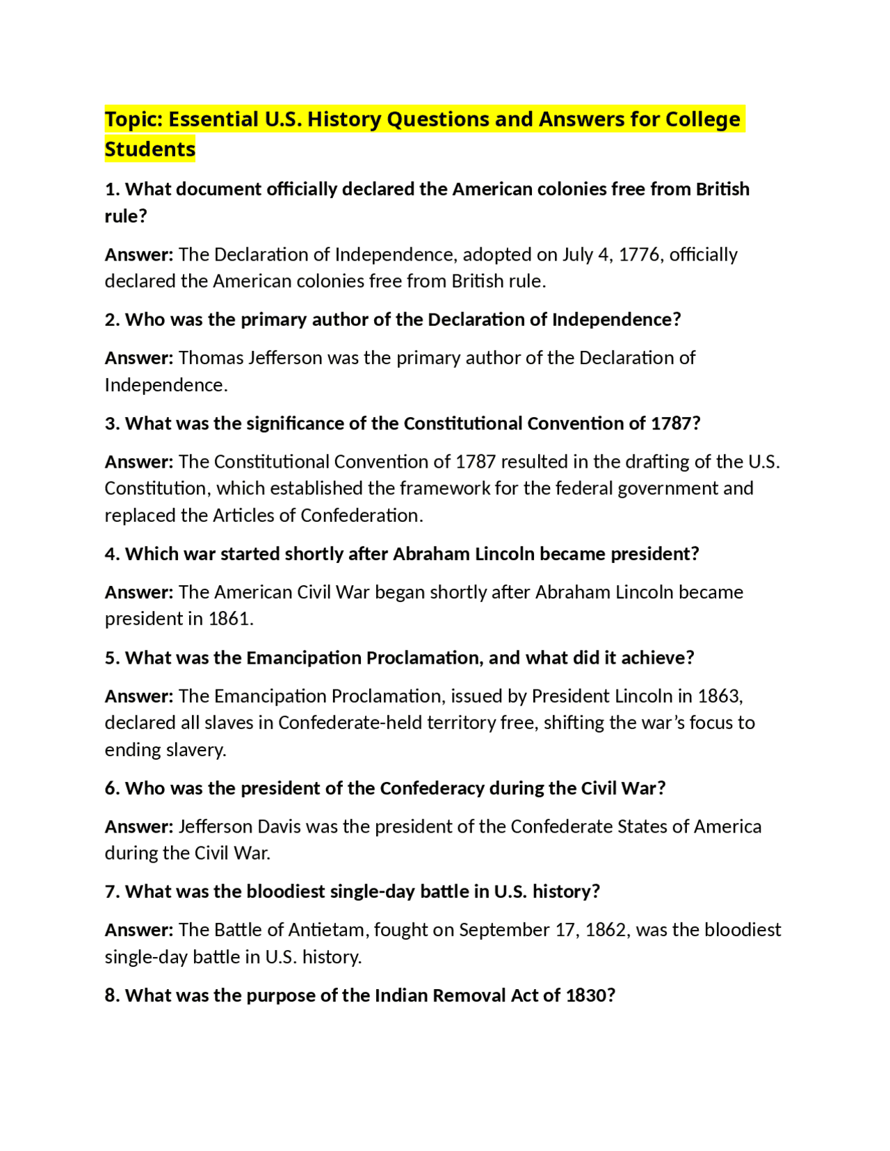 Topic: Essential U.S. History Questions and Answers for College ...