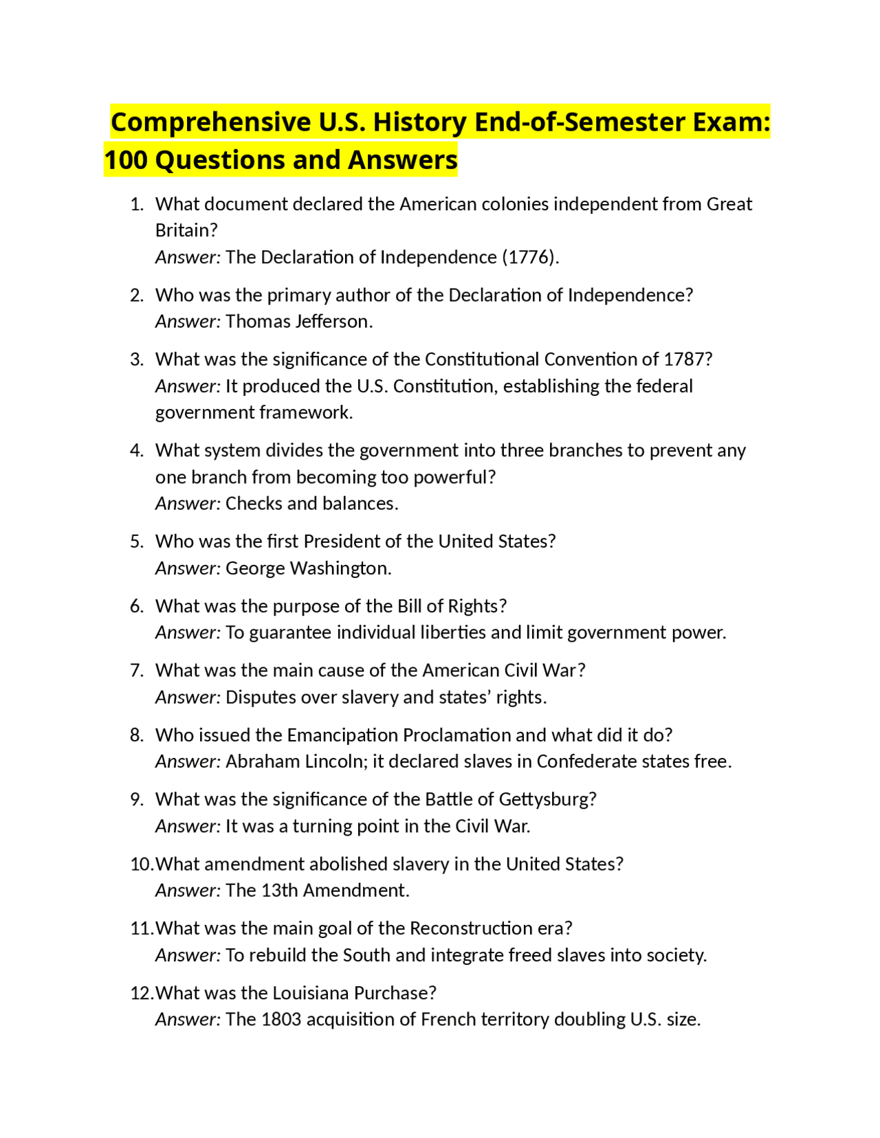 Comprehensive U.S. History End-of-Semester Exam: 100 Questions and ...