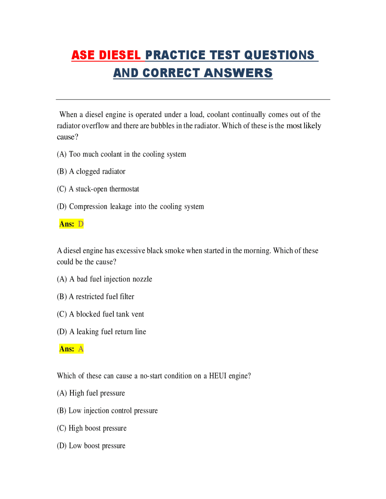 ASE Diesel Practice Test – Complete Set of Questions and Correct ...