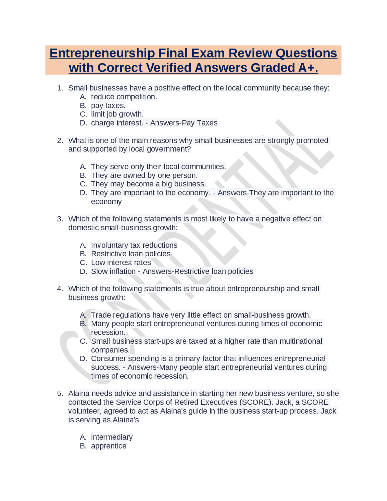 Entrepreneurship Final Exam Review Questions with Correct Verified ...