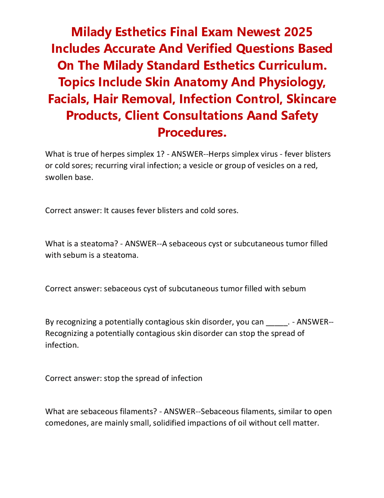 Milady Esthetics Final Exam Newest 2025 Includes Accurate And Verified ...