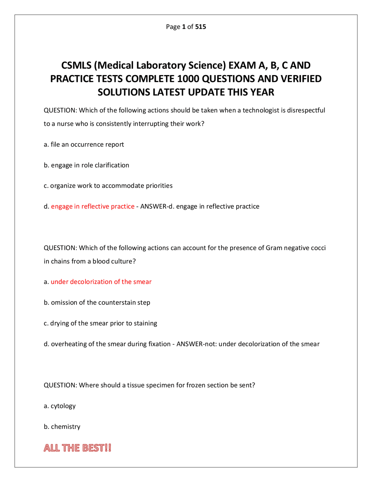 CSMLS (Medical Laboratory Science) EXAM A, B, C AND PRACTICE TESTS ...