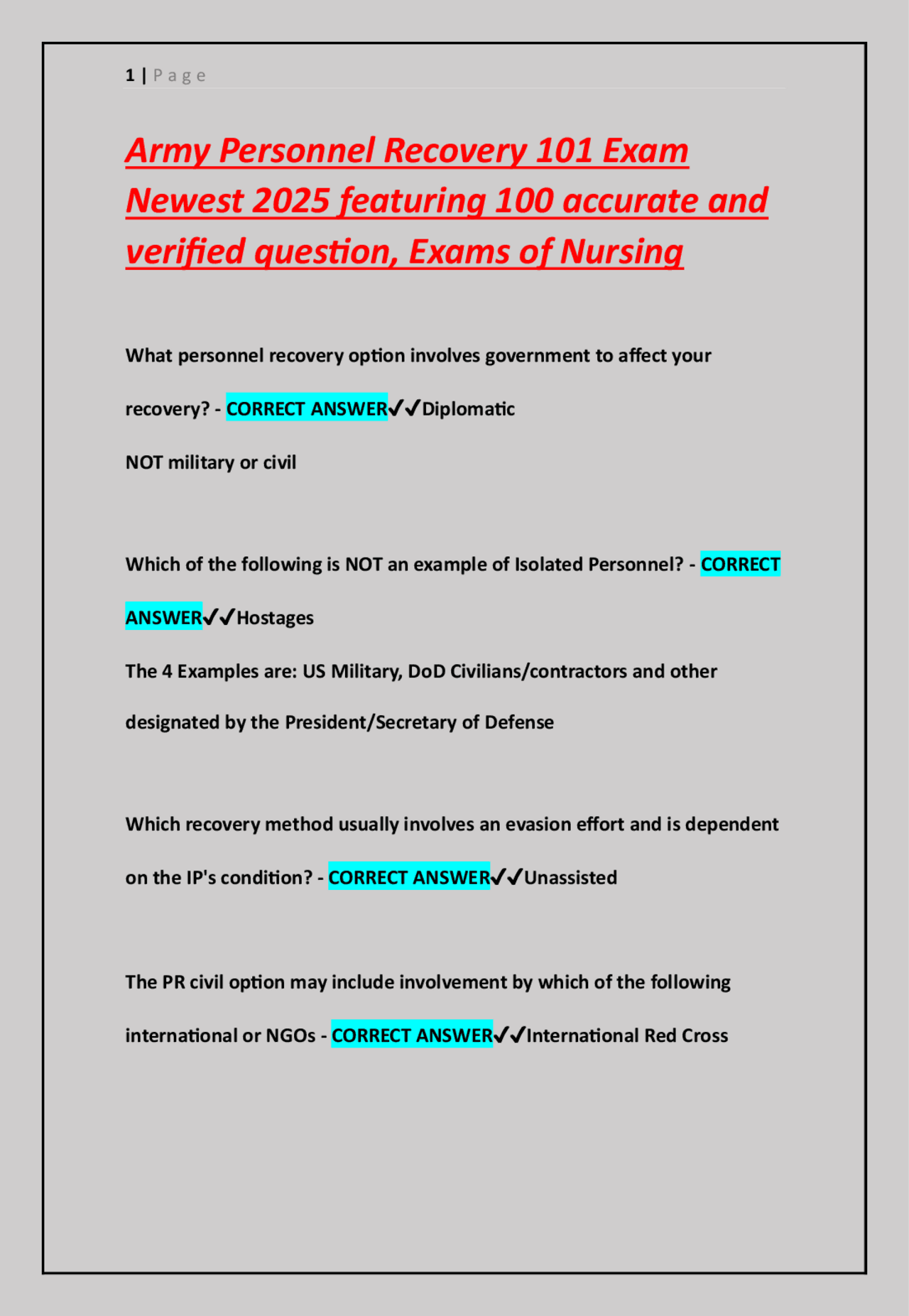 Army Personnel Recovery 101 Exam Newest 2025 featuring 100 accurate and ...