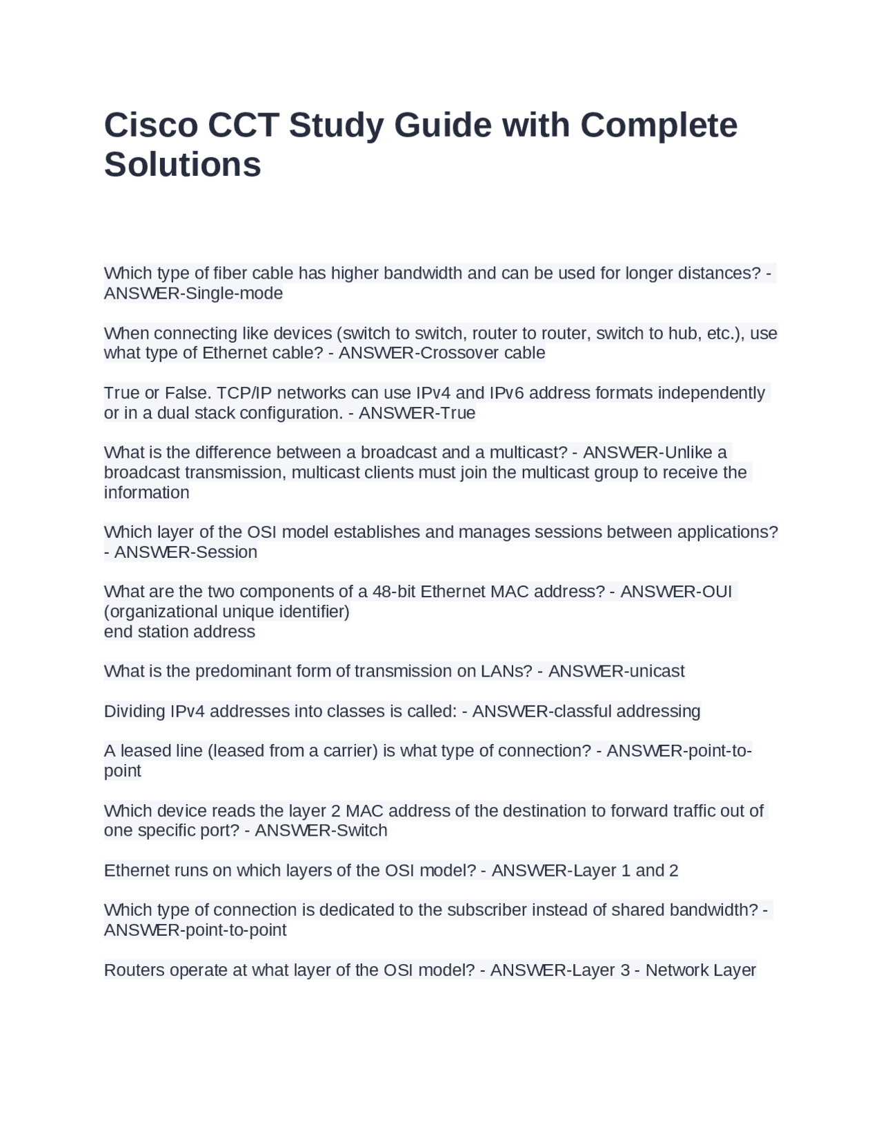 Cisco CCT Study Guide with Complete Solutions | Exams Advanced ...