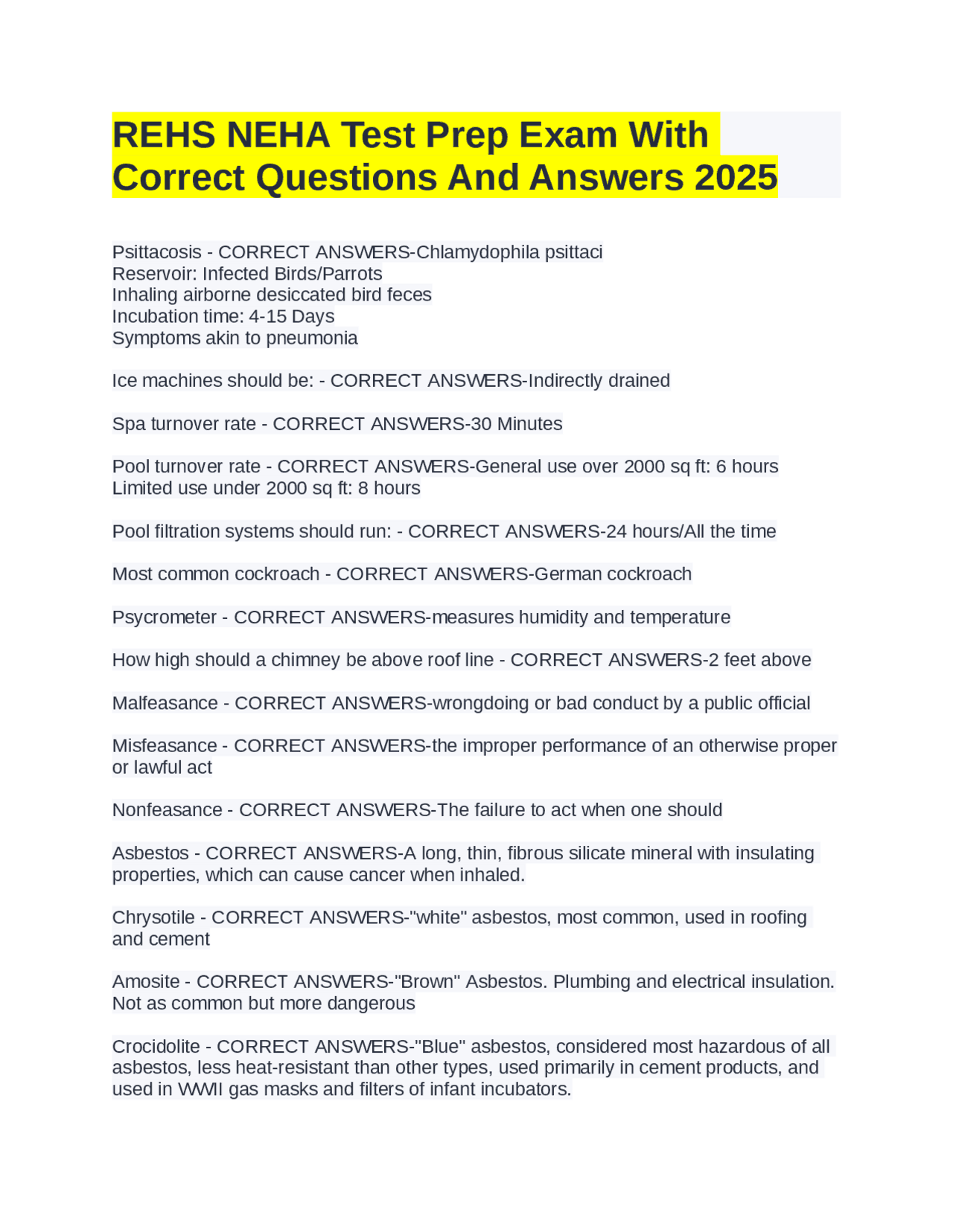 REHS NEHA Test Prep Exam With Correct Questions And Answers 2025 ...