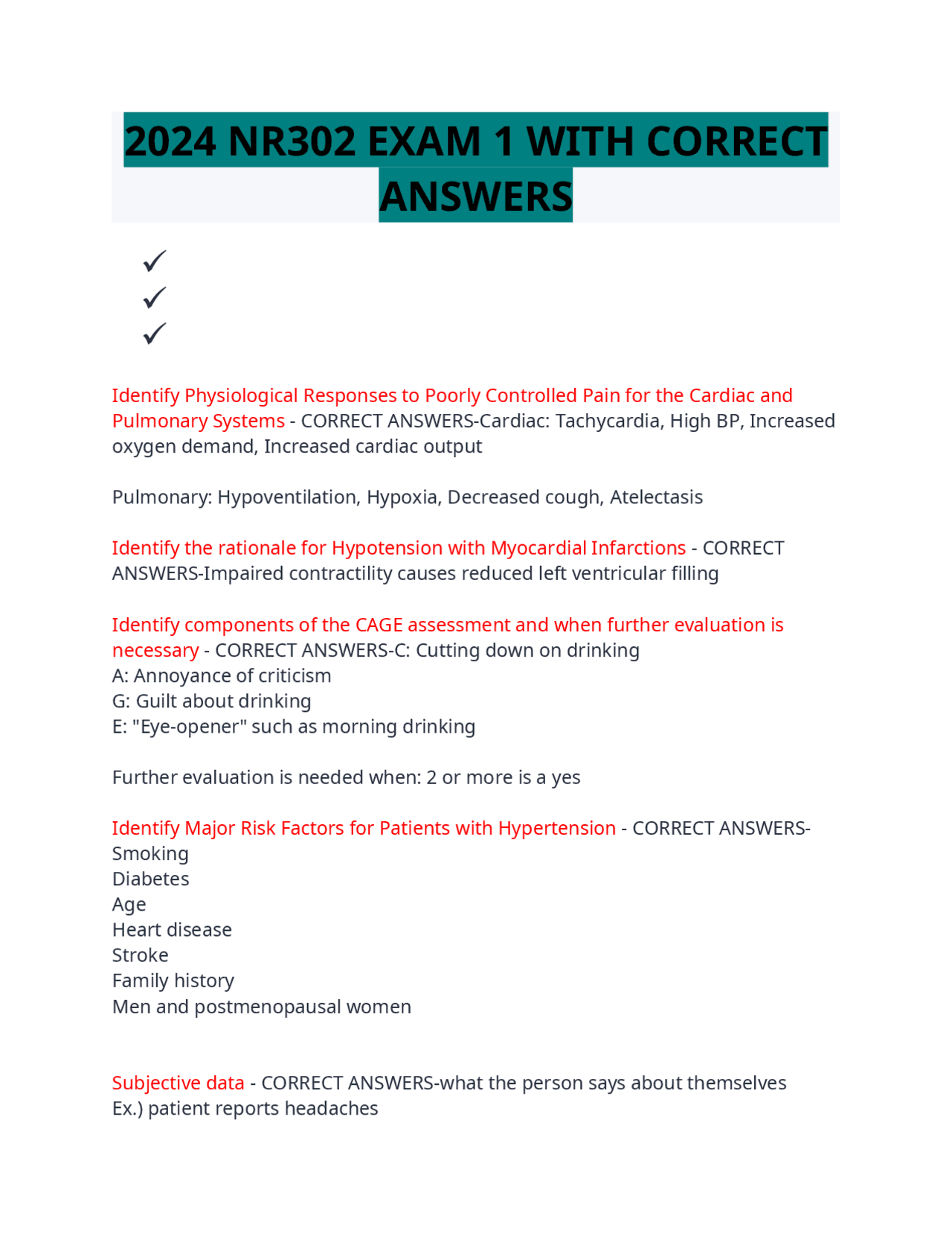 2024 NR302 EXAM 1 WITH CORRECT ANSWERS | Exams Nursing | Docsity