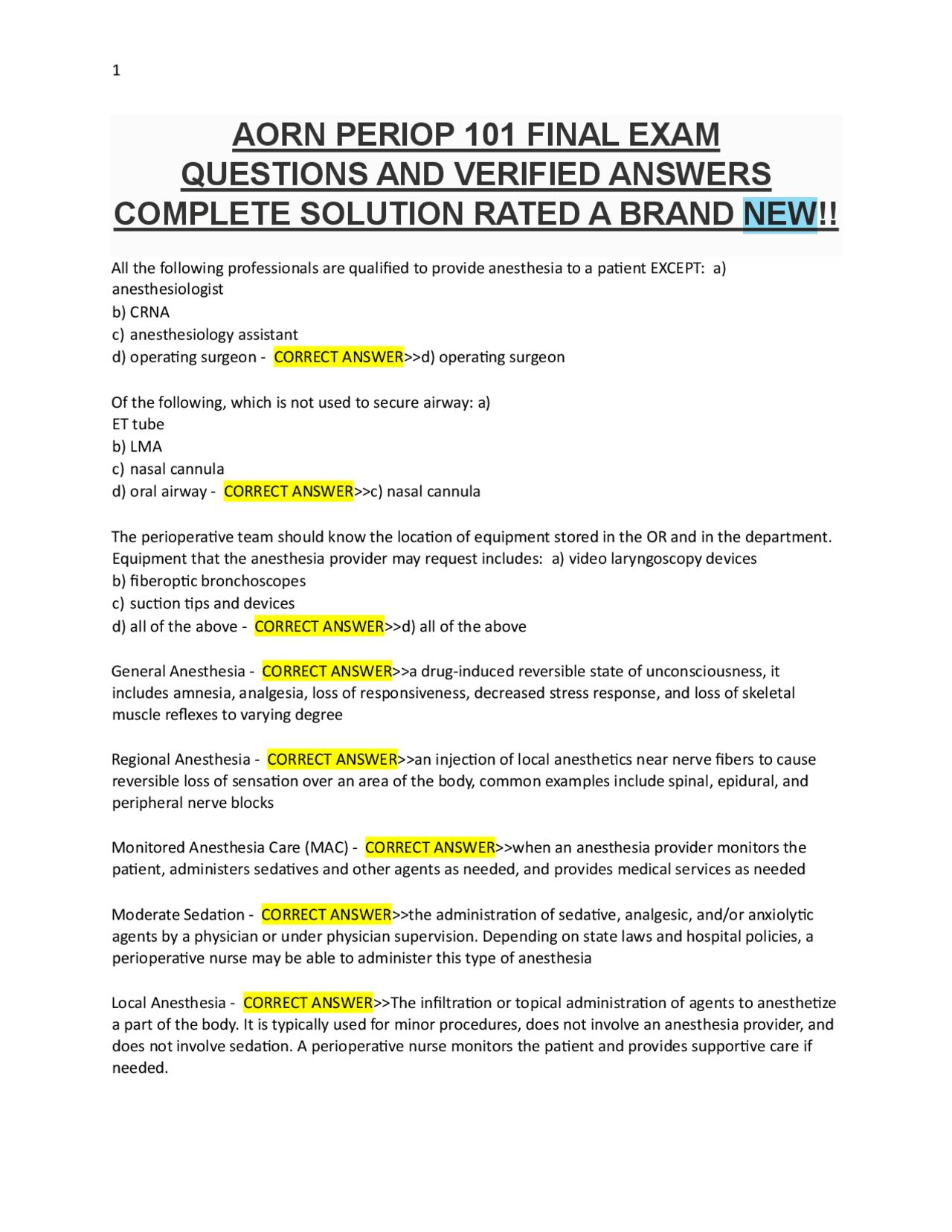 AORN PERIOP 101 FINAL EXAM QUESTIONS AND VERIFIED ANSWERS | Exams ...