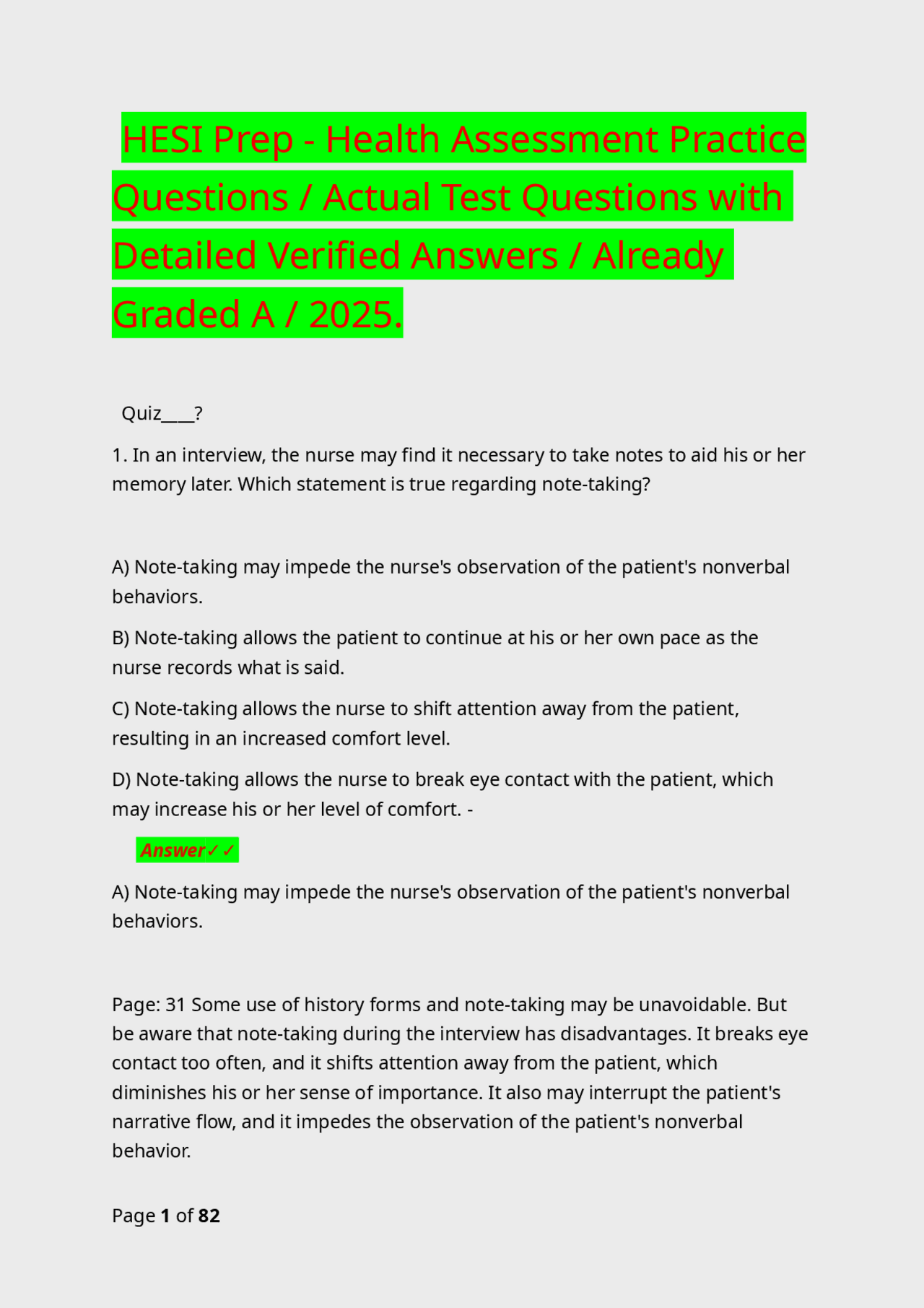 HESI Prep - Health Assessment Practice Questions / Actual Test ...