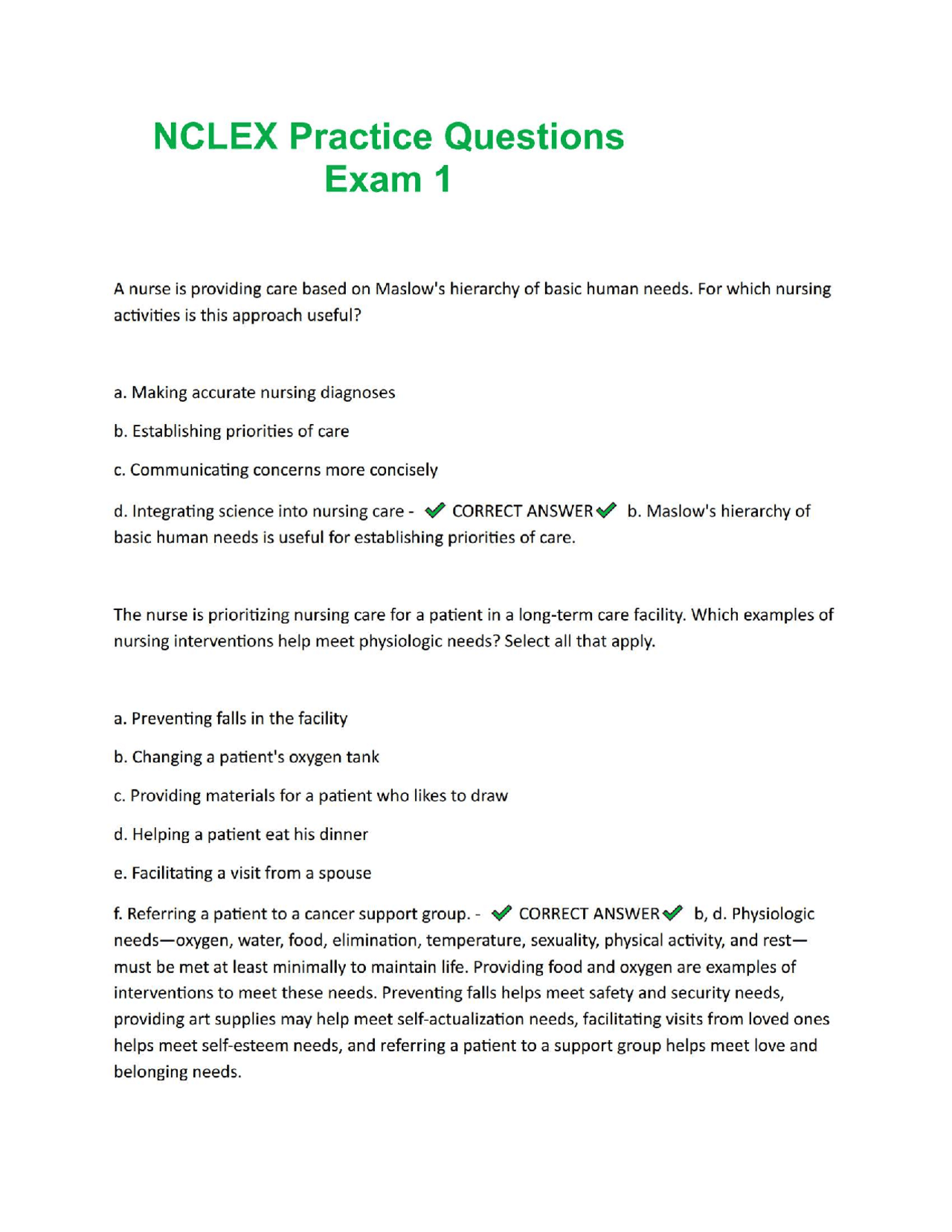 NCLEX Practice Questions Exam 1.pdf | Exams Nursing | Docsity