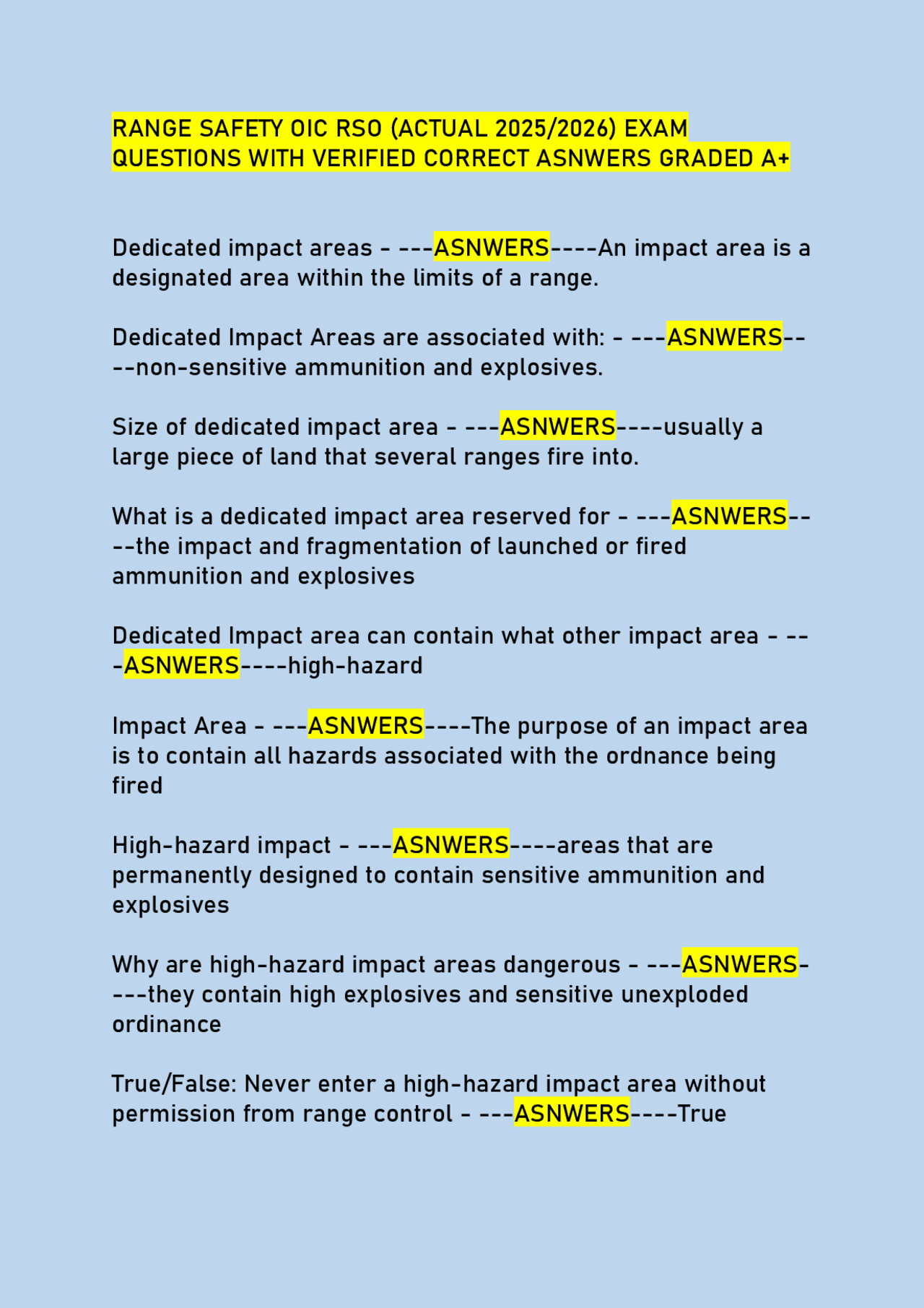 RANGE SAFETY OIC RSO (ACTUAL 2025/2026) EXAM QUESTIONS WITH VERIFIED ...