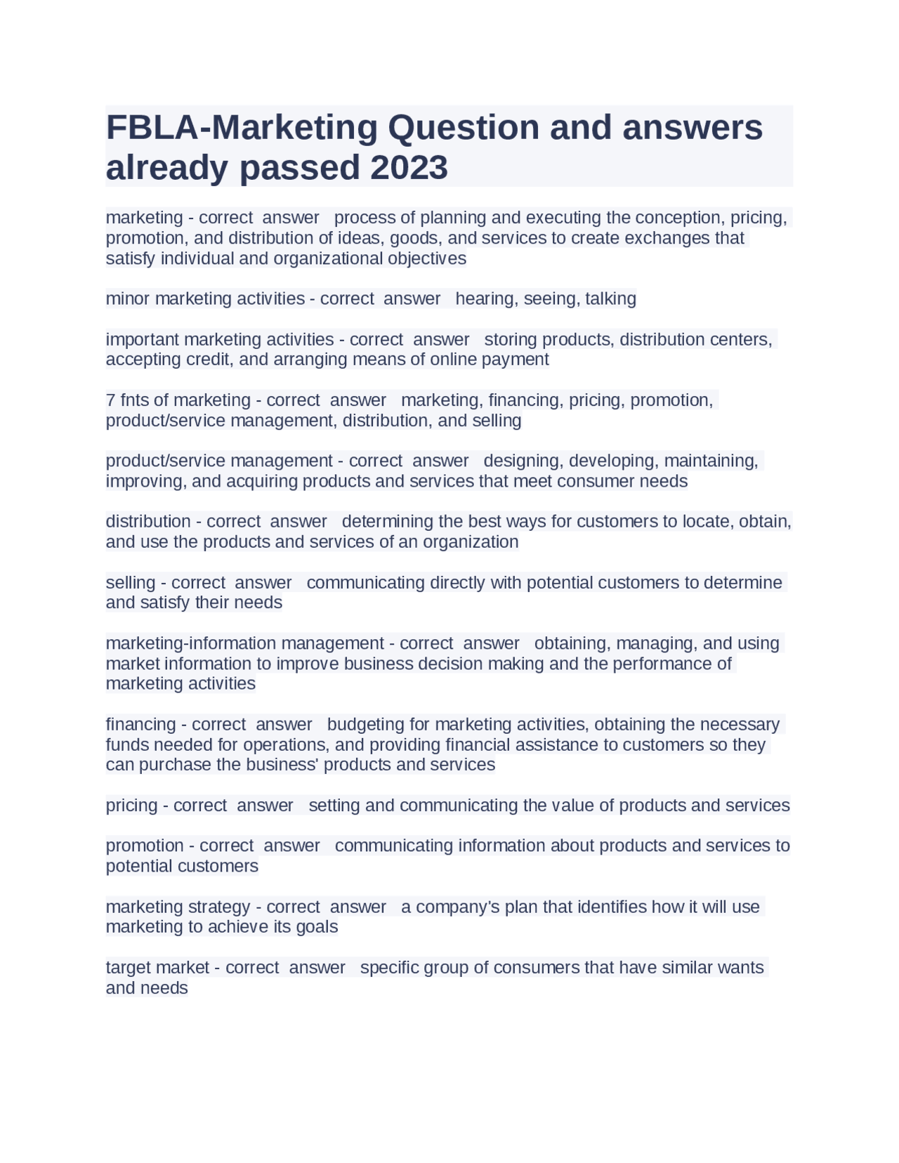 FBLA-Marketing Question and answers already passed 2023 | Exams ...