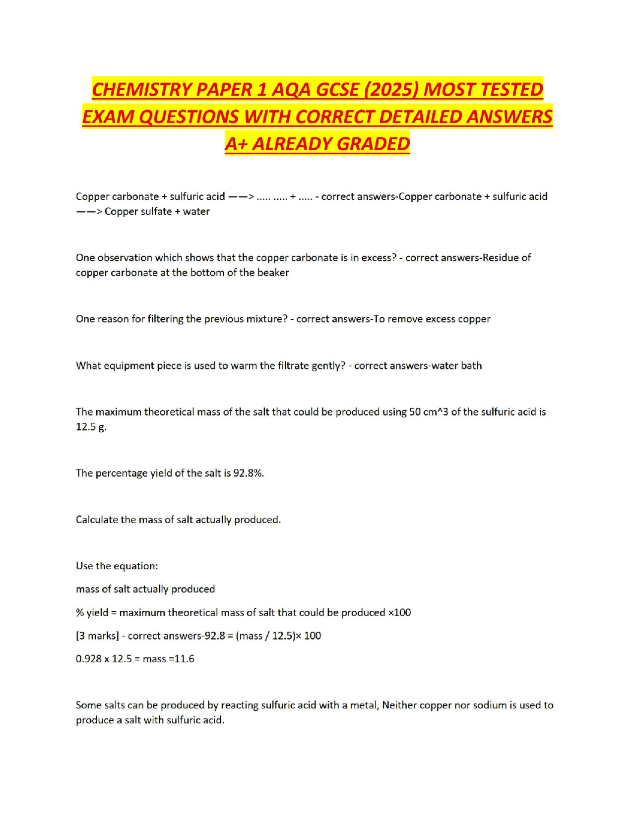 CHEMISTRY PAPER 1 AQA GCSE (2025) MOST TESTED EXAM QUESTIONS WITH ...