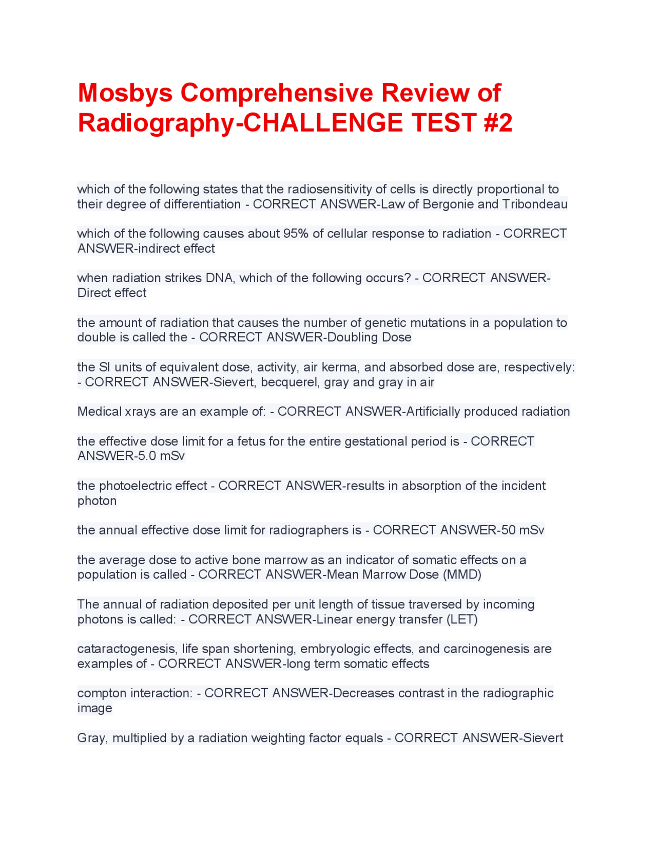 Mosbys Comprehensive Review of Radiography-CHALLENGE TEST #2 Questions ...