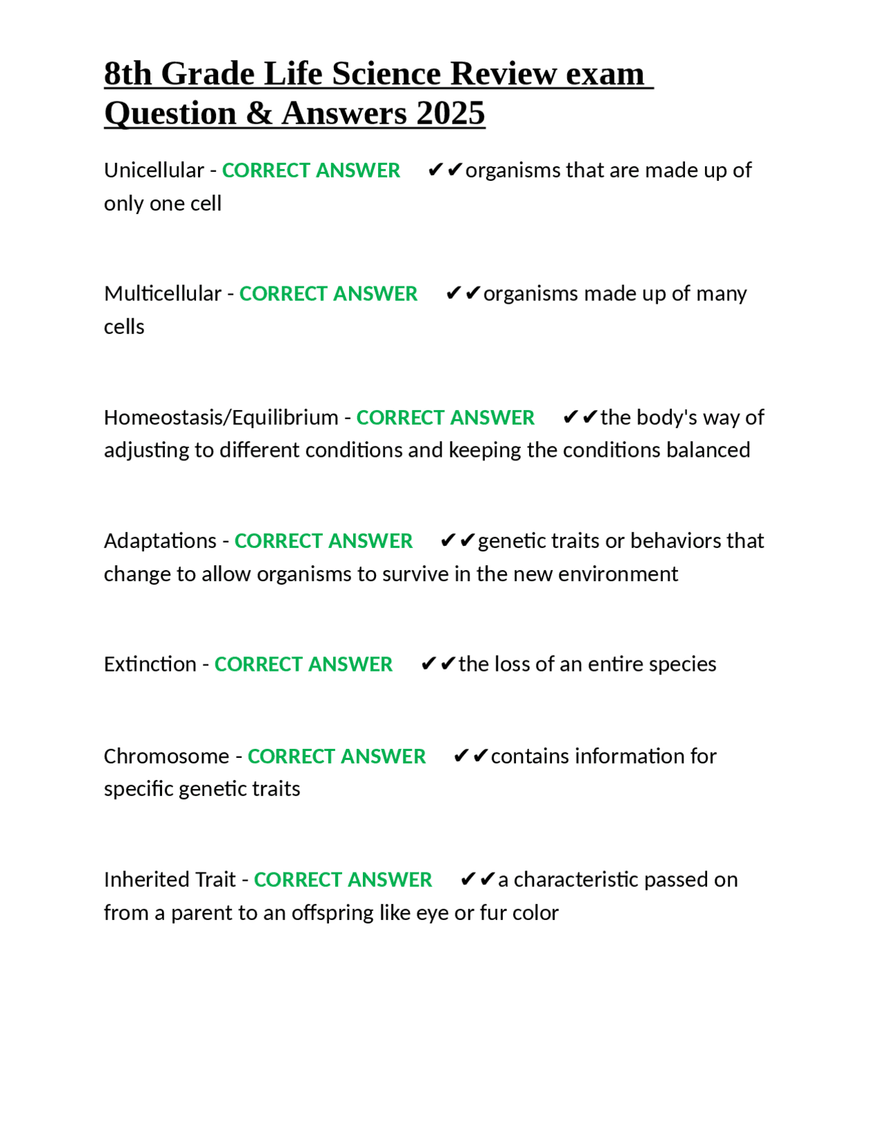 8th Grade Life Science Review exam Question & Answers 2025 | Exams ...
