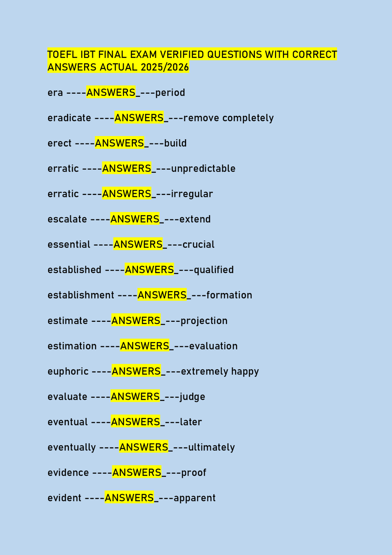 TOEFL IBT FINAL EXAM VERIFIED QUESTIONS WITH CORRECT ANSWERS ACTUAL ...